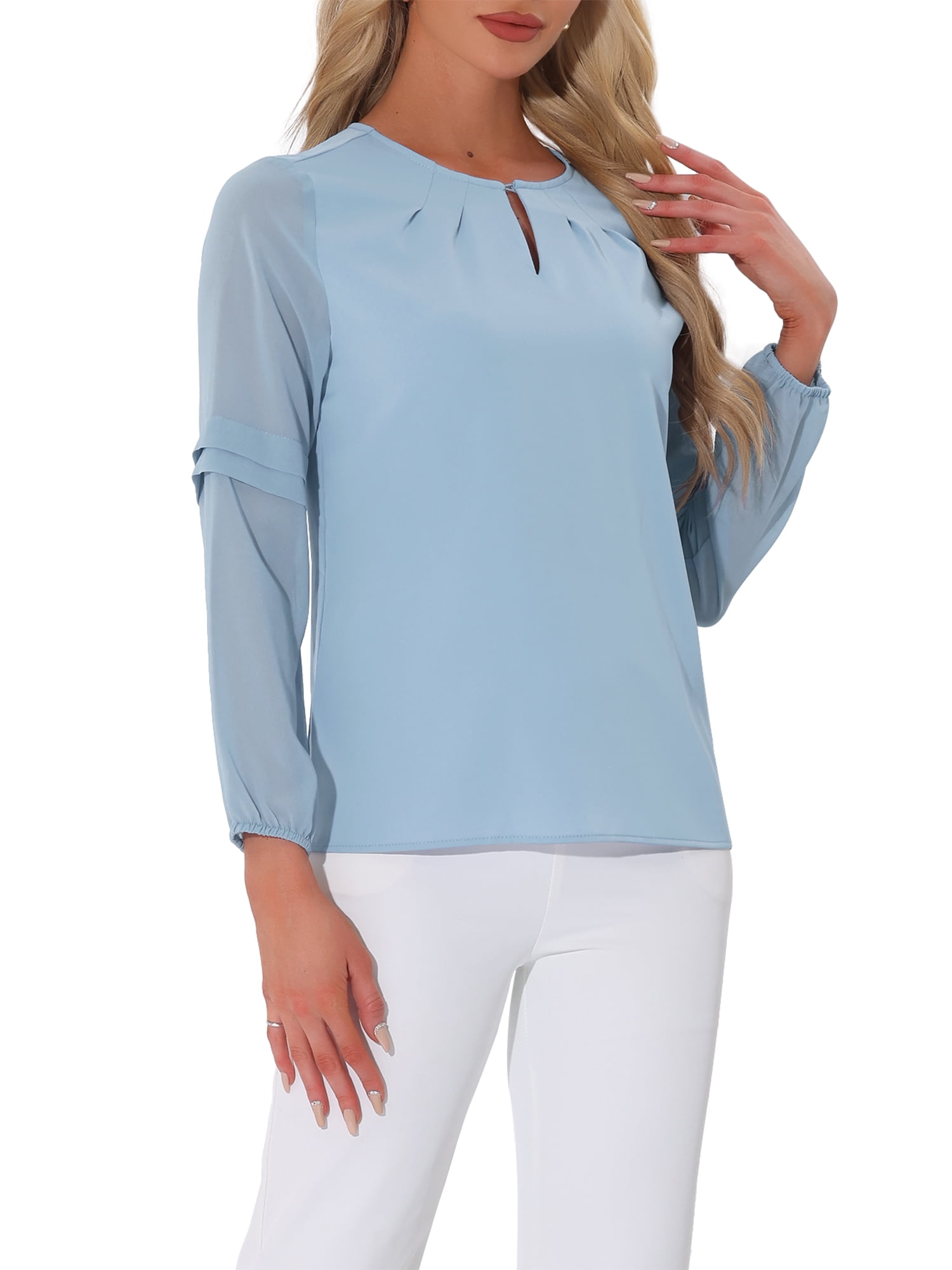 INSPIRE CHIC Women's Chiffon Blouse Keyhole Neck Patchwork Sleeve ...