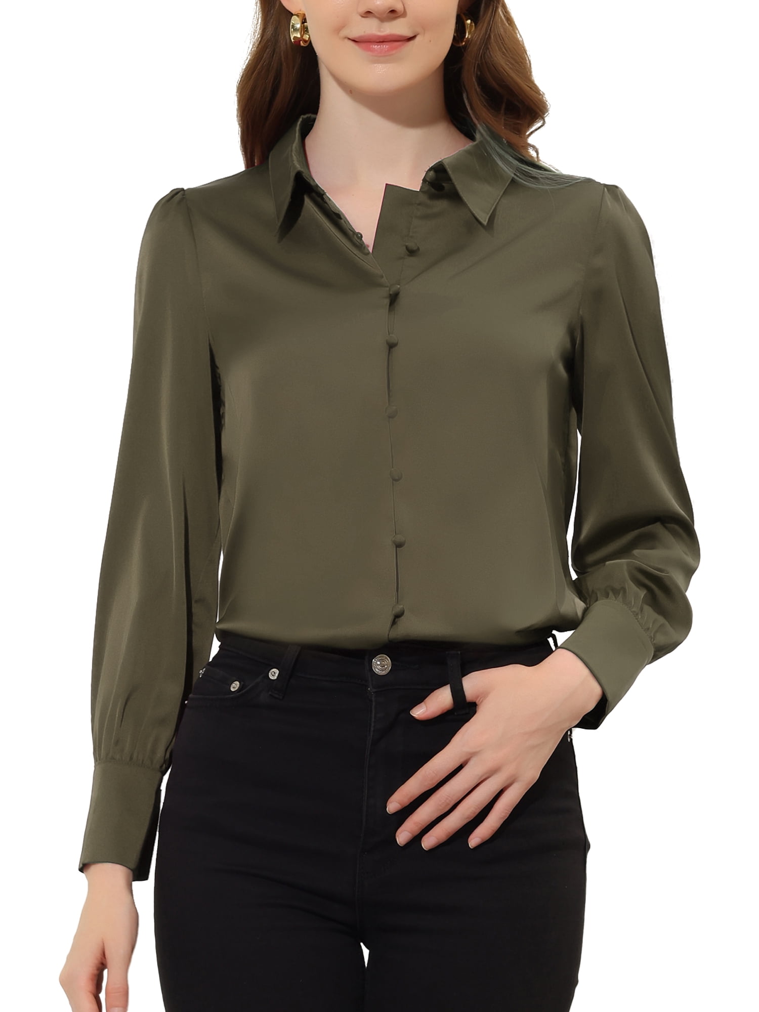 Allegra K Women's Button Down Shirt Point Collar Puff Long Sleeve ...