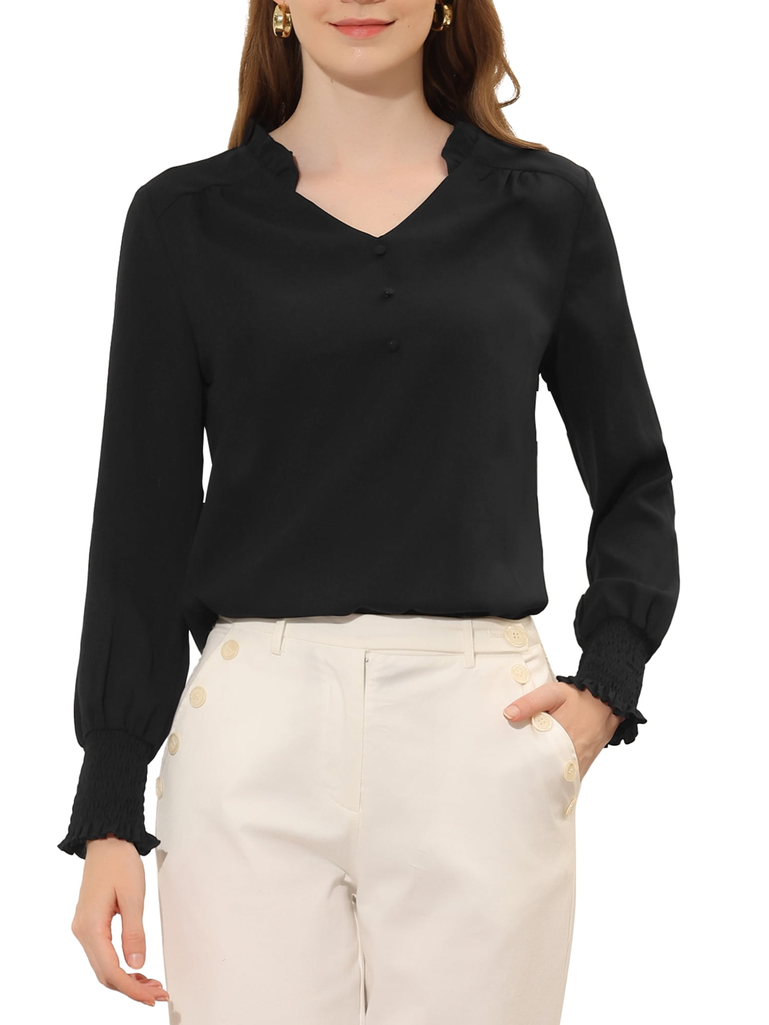 Allegra K Women's Work Ruffled V Neck Long Sleeve Smocked Cuffs Chiffon ...