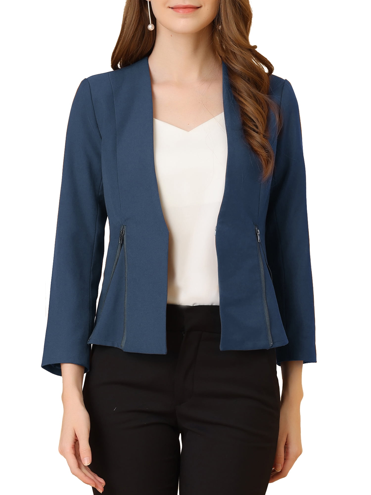 Allegra K Women's Workwear Zipper Collarless Cropped Blazer - Walmart.com