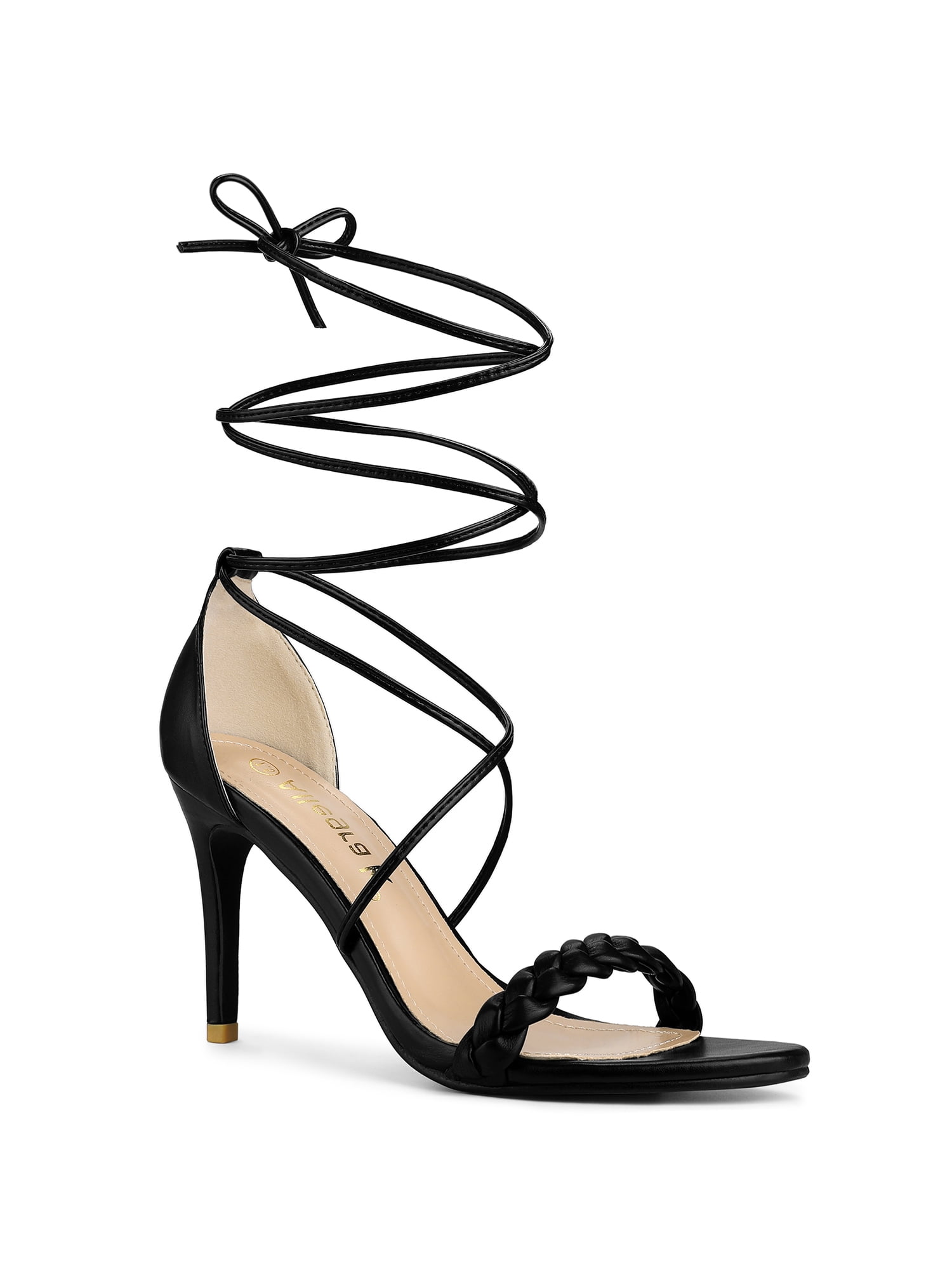 BLISSFUL STEP Women Woven Strap Lace Up Strappy Stiletto Heel Sandals ...
