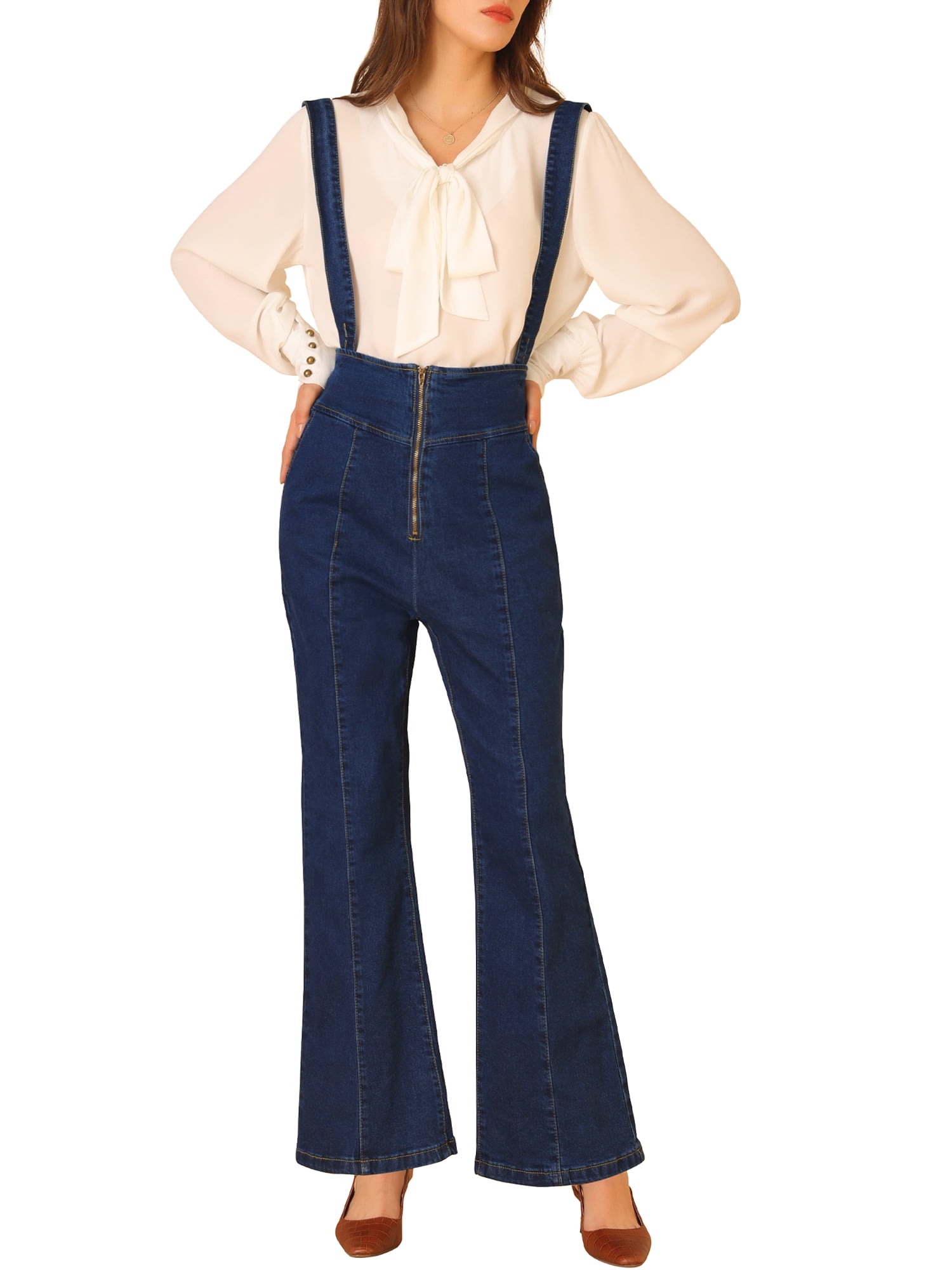 Allegra K Women's Zip Front Bell Bottoms Long Overalls Jumpsuit ...
