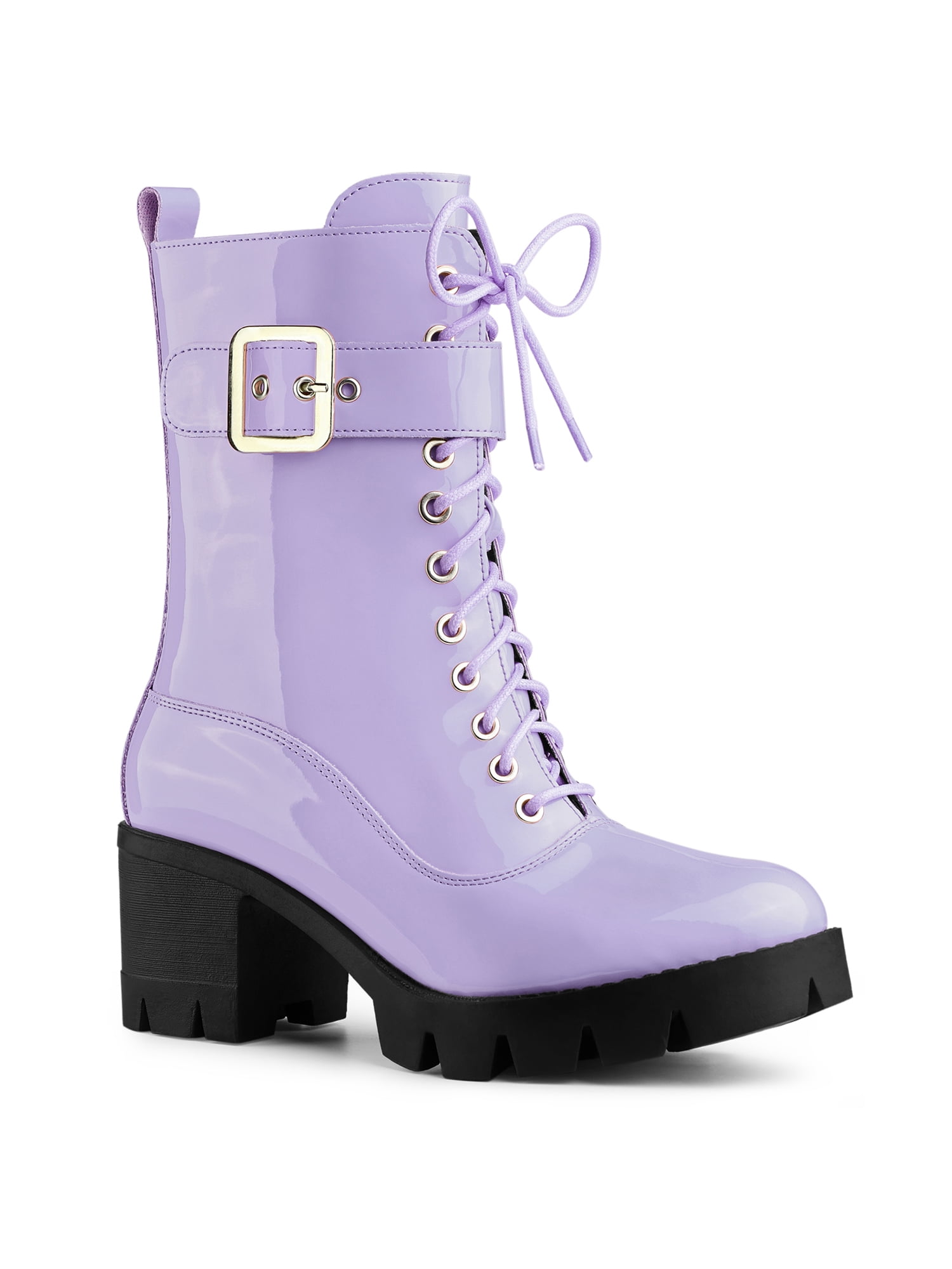 BLISSFUL STEP Women's Chunky Heel Zip Platform Block Combat Boots ...