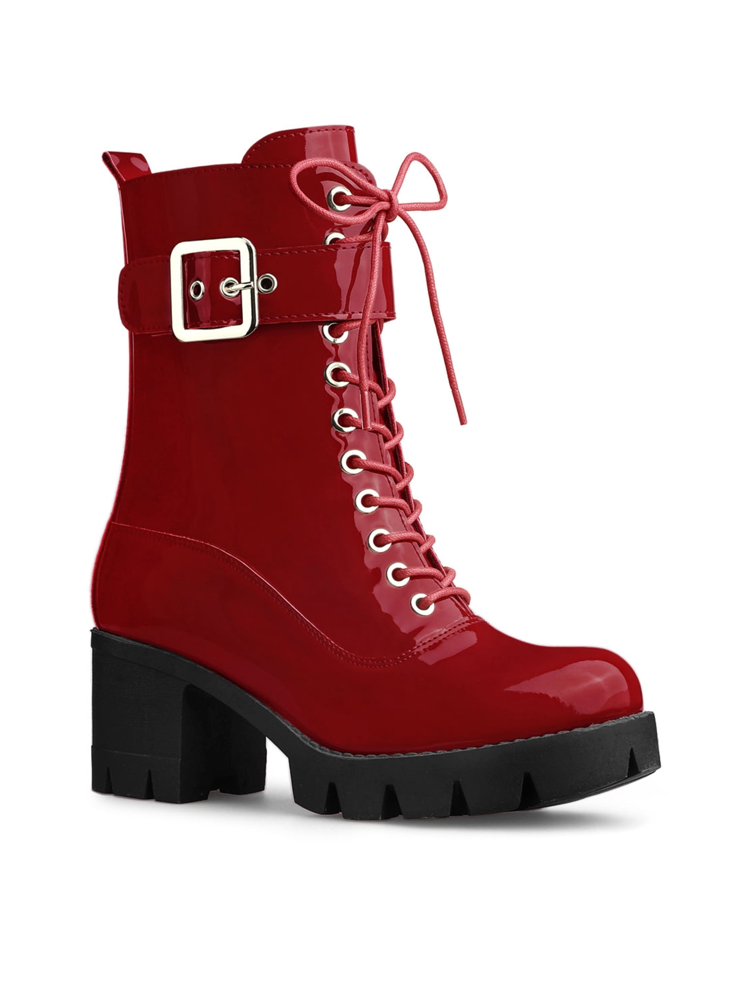BLISSFUL STEP Women's Chunky Heel Zip Platform Block Combat Boots Red ...