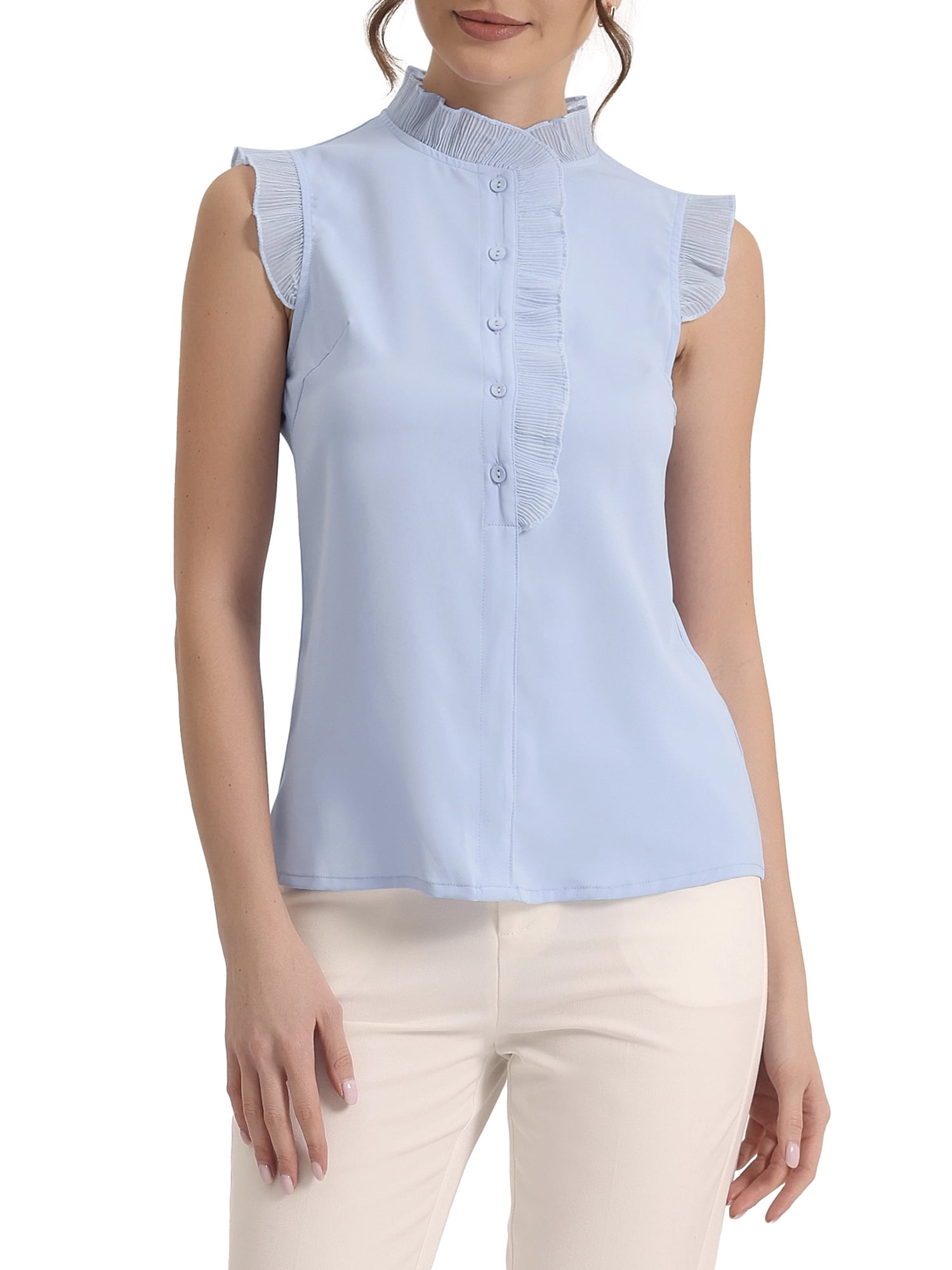 INSPIRE CHIC Women's for Sleeveless Shirt Button Up Solid Color Ruffle ...