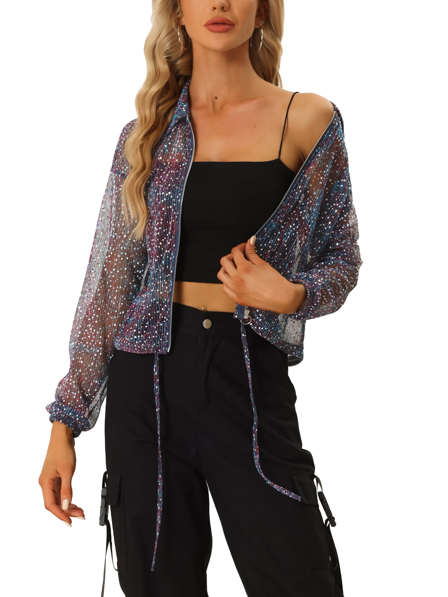 INSPIRE CHIC Womens' Bright See Through Crop Zipper Party Jacket Black ...