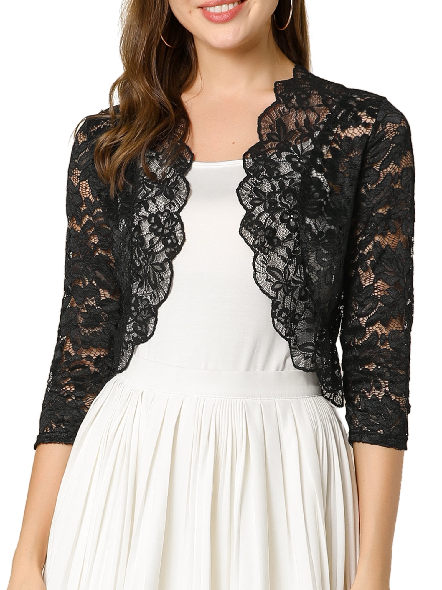 Allegra K Women's BOLERO Shrug, 3/4 Sleeve, Sheer Lace Floral, Open ...