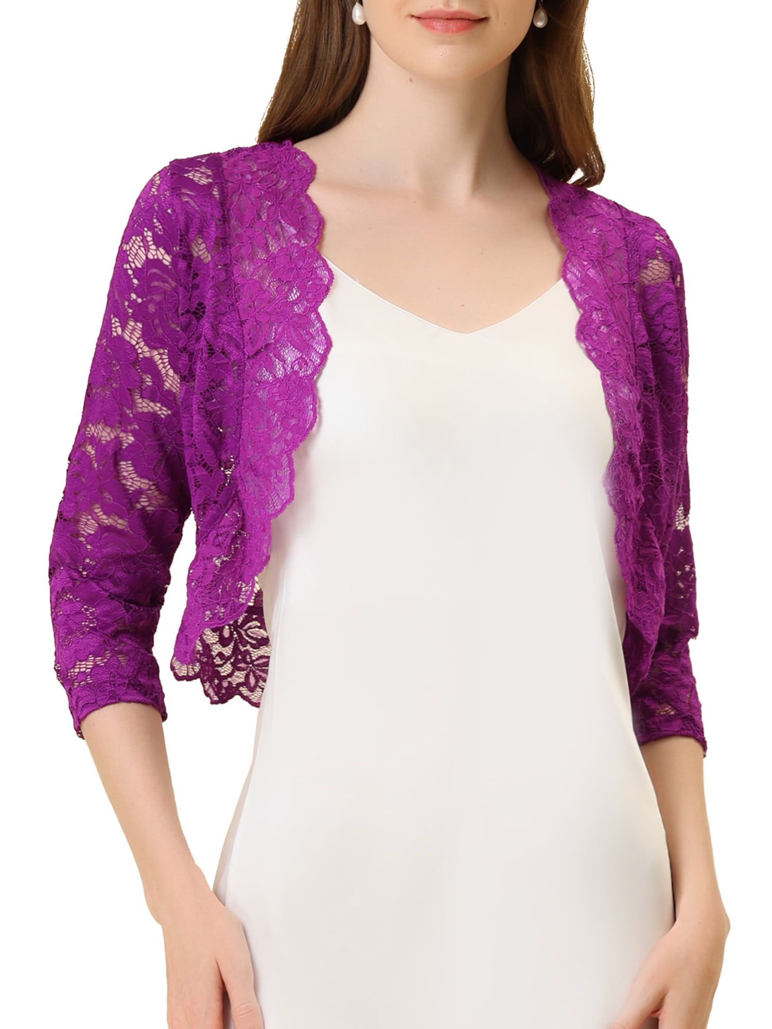 INSPIRE CHIC Women's Shrugs Floral Lace Cardigan 3/4 Sleeves Sheer ...