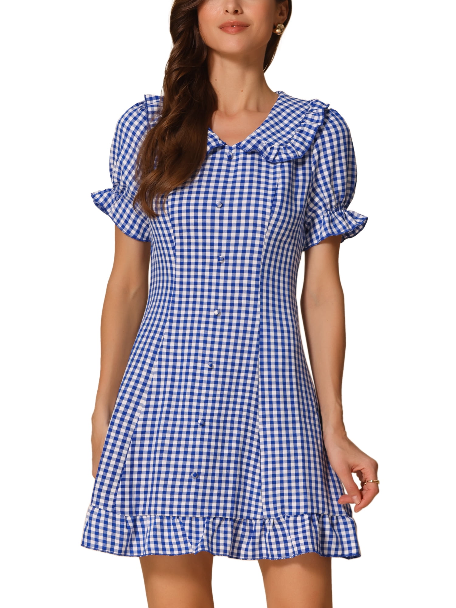 INSPIRE CHIC Womens Gingham Checks Ruffled Peter Pan Collar 1960s Mini ...
