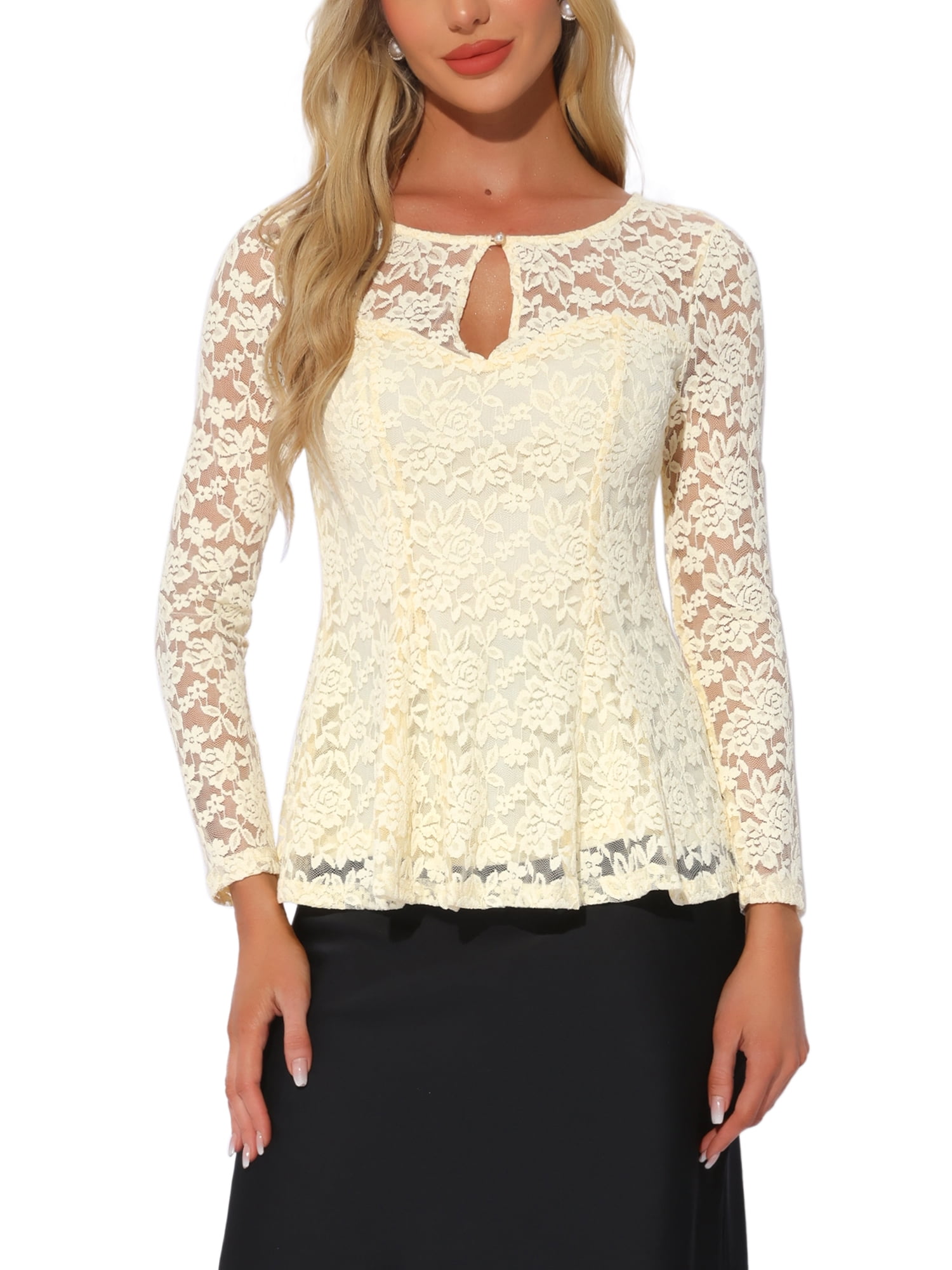 INSPIRE CHIC Womens Lace Tops Keyhole Front Peplum Hem Sheer Long ...