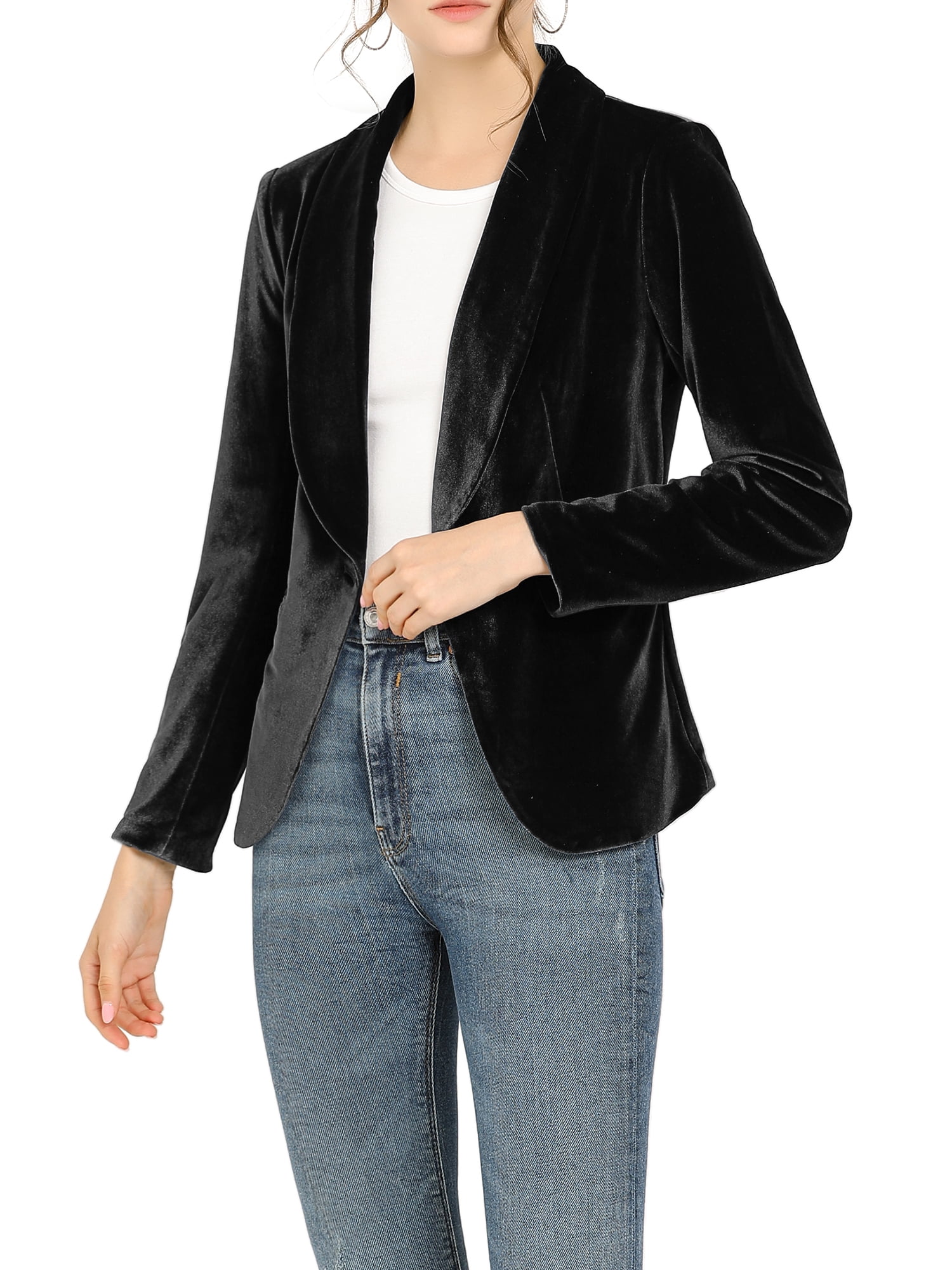 Allegra K Women's Shawl Collar One-Button Work Velvet Blazer with Long ...