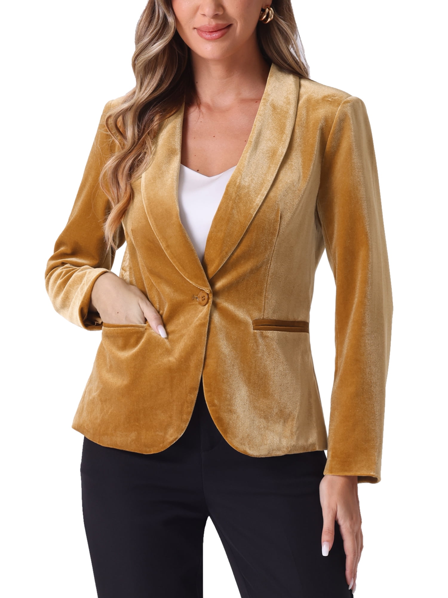 INSPIRE CHIC Women's Velvet Blazer Solid Color Shawl Collar One Button ...