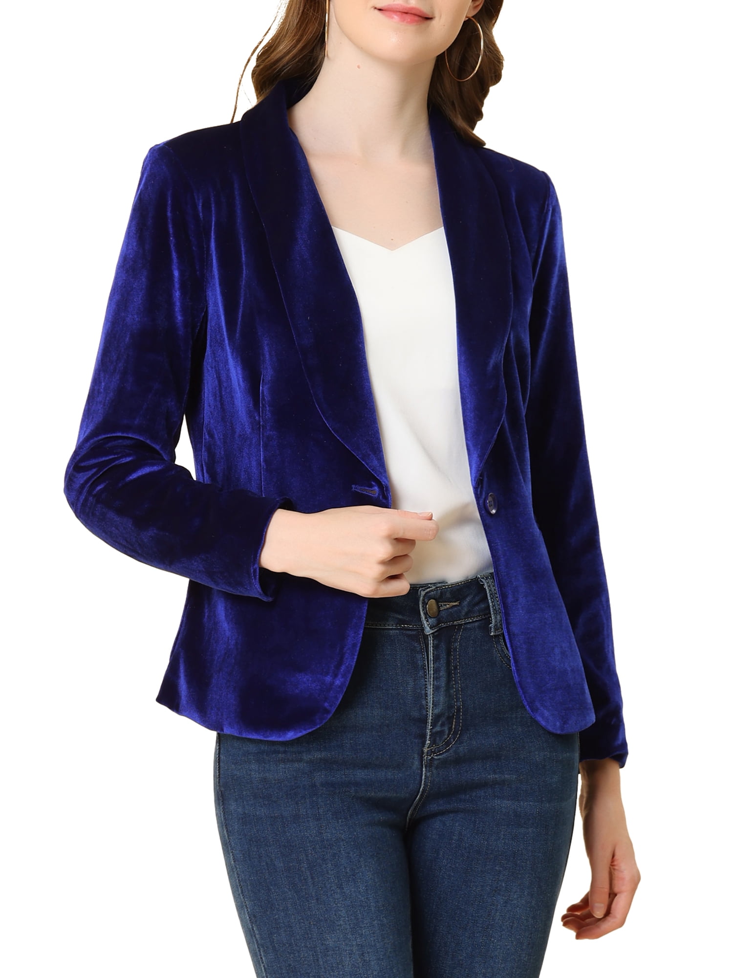 INSPIRE CHIC Women's Velvet Blazer Solid Color Shawl Collar One Button ...