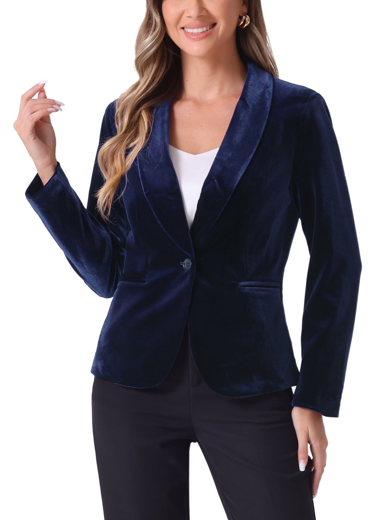 INSPIRE CHIC Women's Velvet Blazer Solid Color Shawl Collar One Button ...