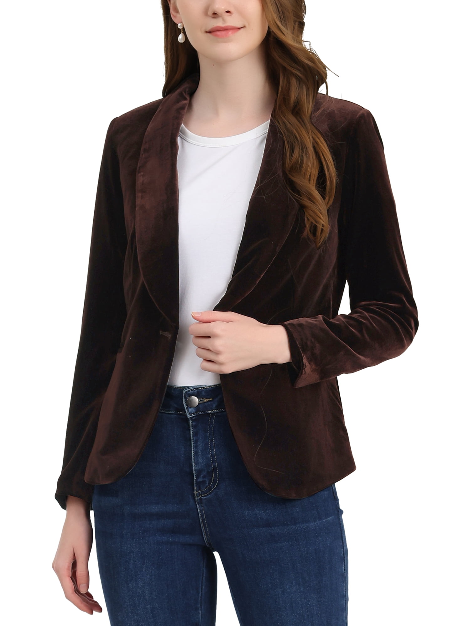 INSPIRE CHIC Women's Velvet Blazer Solid Color Shawl Collar One Button ...