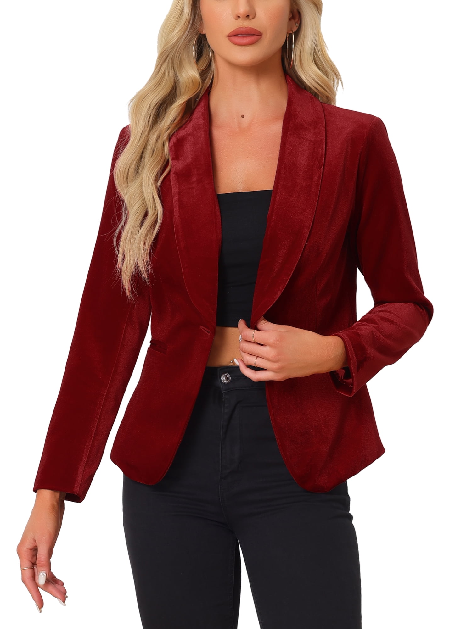 INSPIRE CHIC Women's Velvet Blazer Solid Color Shawl Collar One Button ...