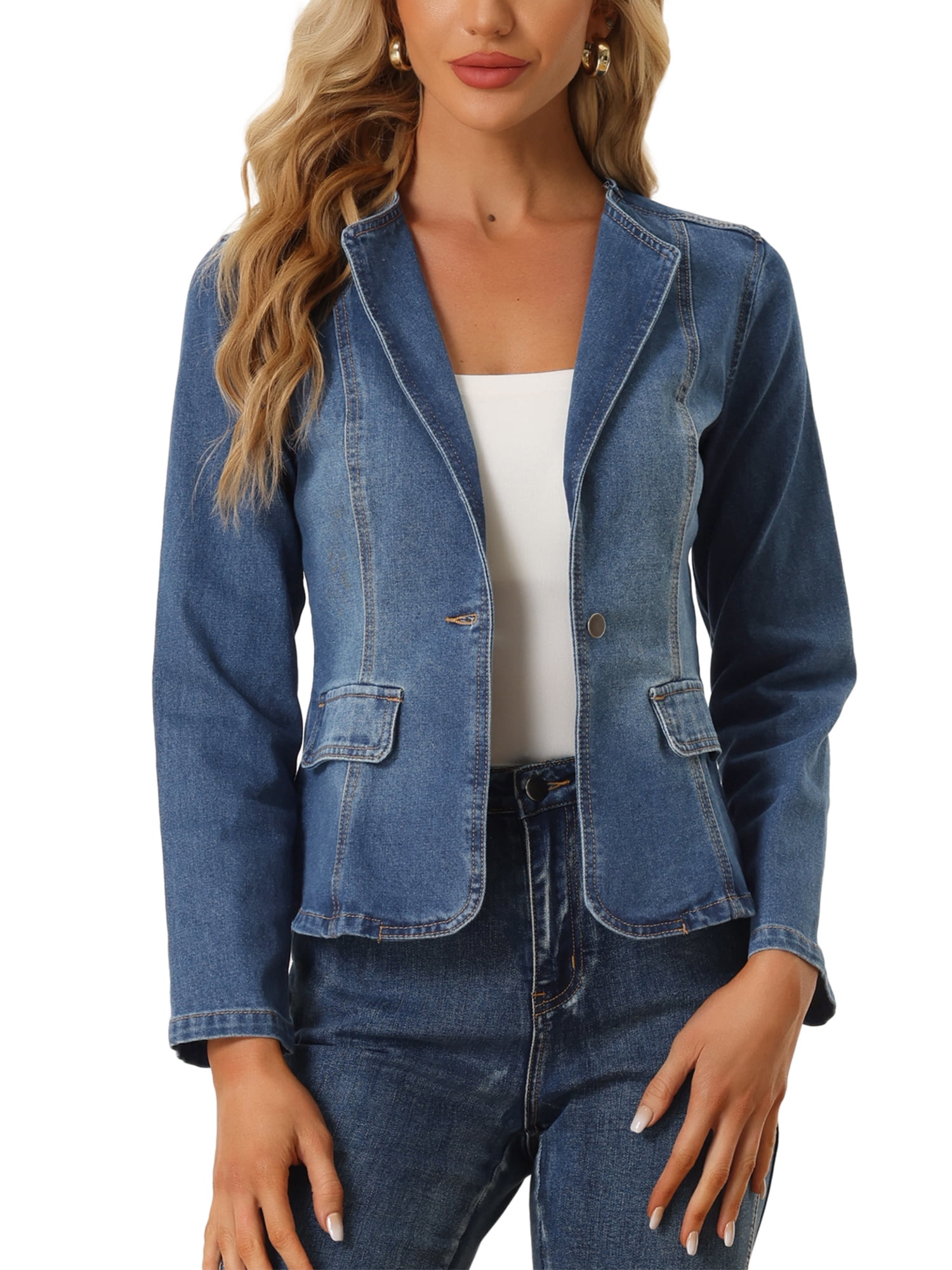 Allegra K Womens Stretchy Jean Jacket Lapel Collar One Button Long ...