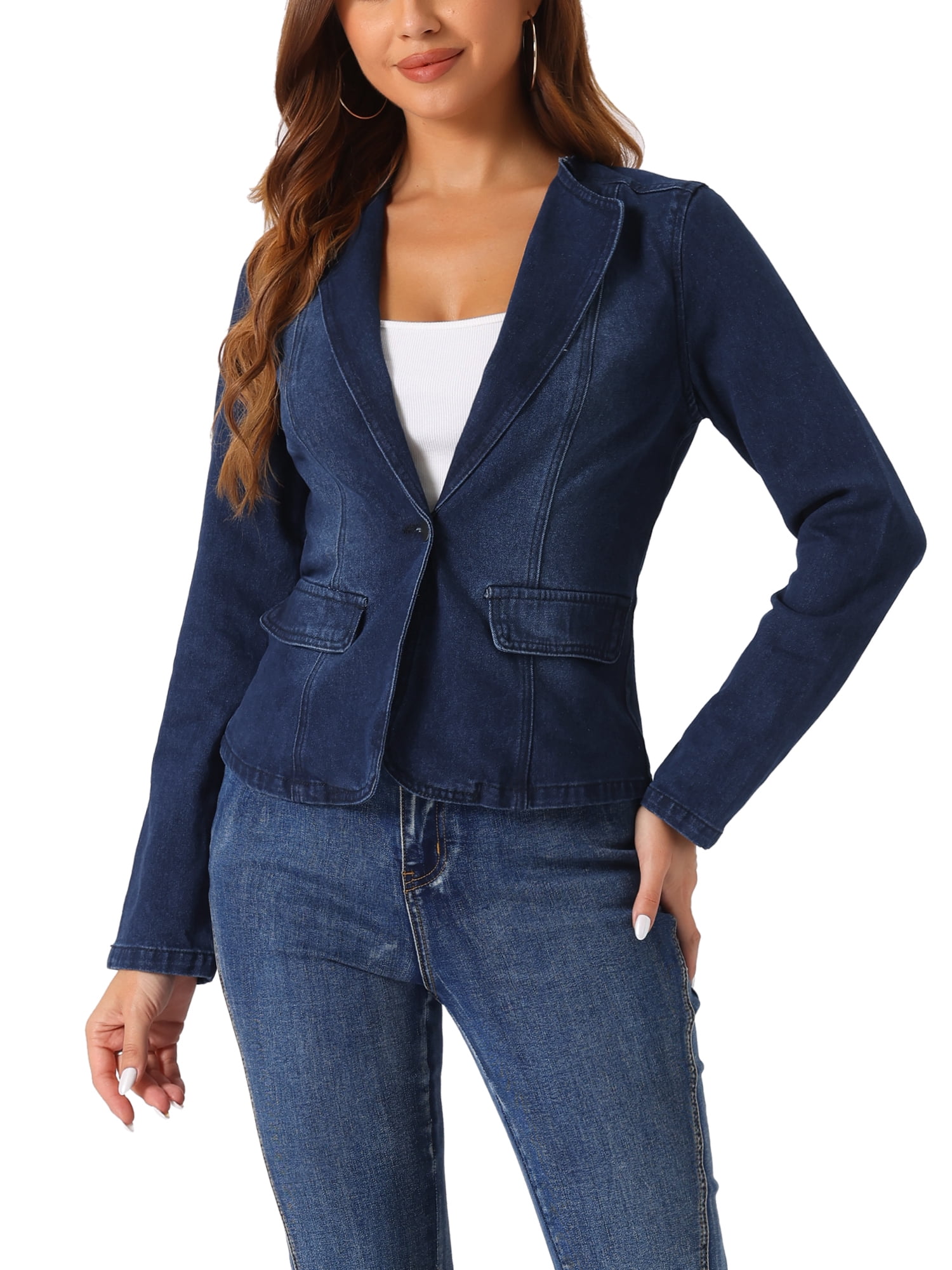 Allegra K Womens Stretchy Jean Jacket Lapel Collar One Button Long ...
