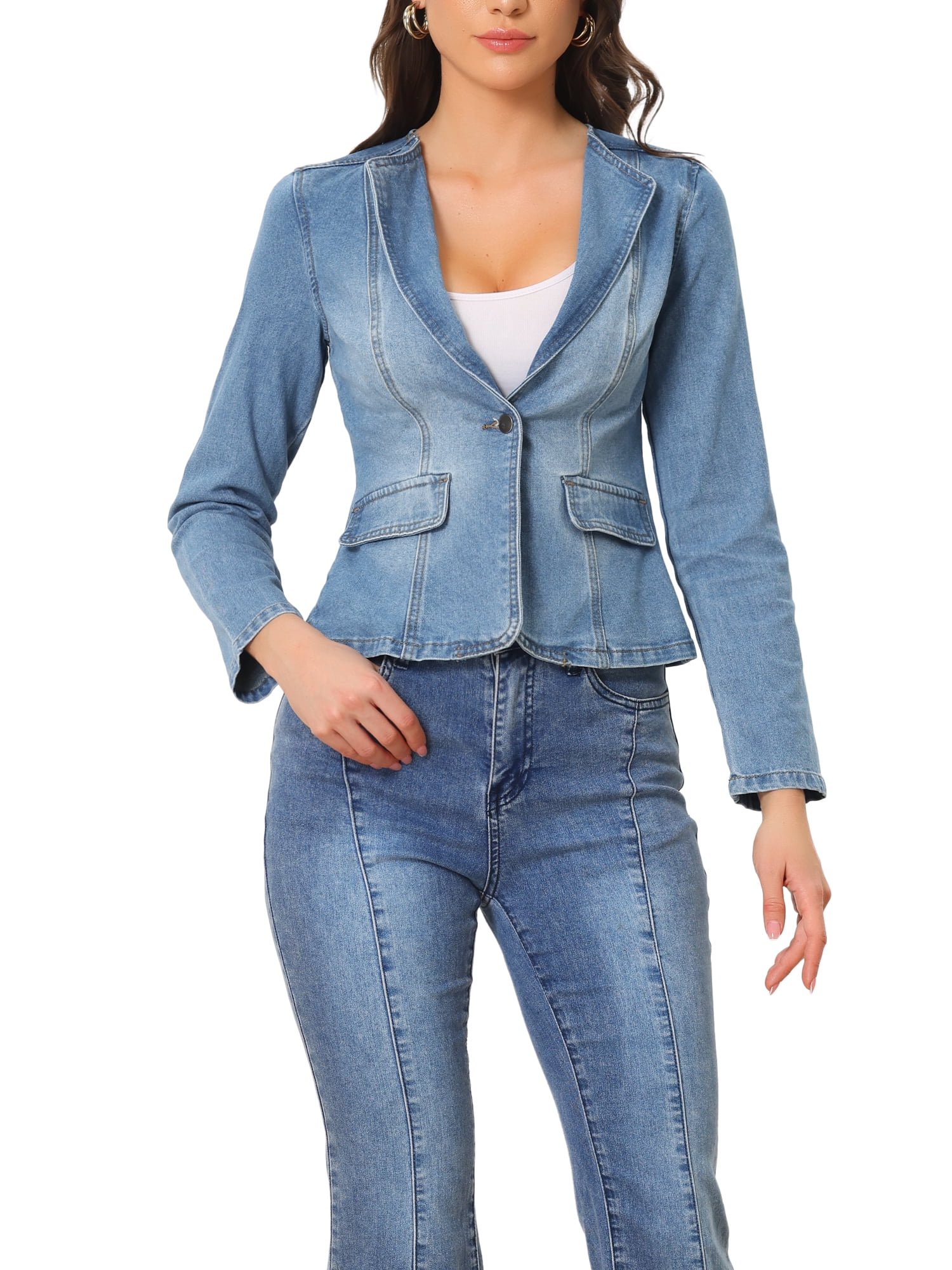INSPIRE CHIC Women's Stretchy Jean Jacket Lapel Collar One Button Long ...