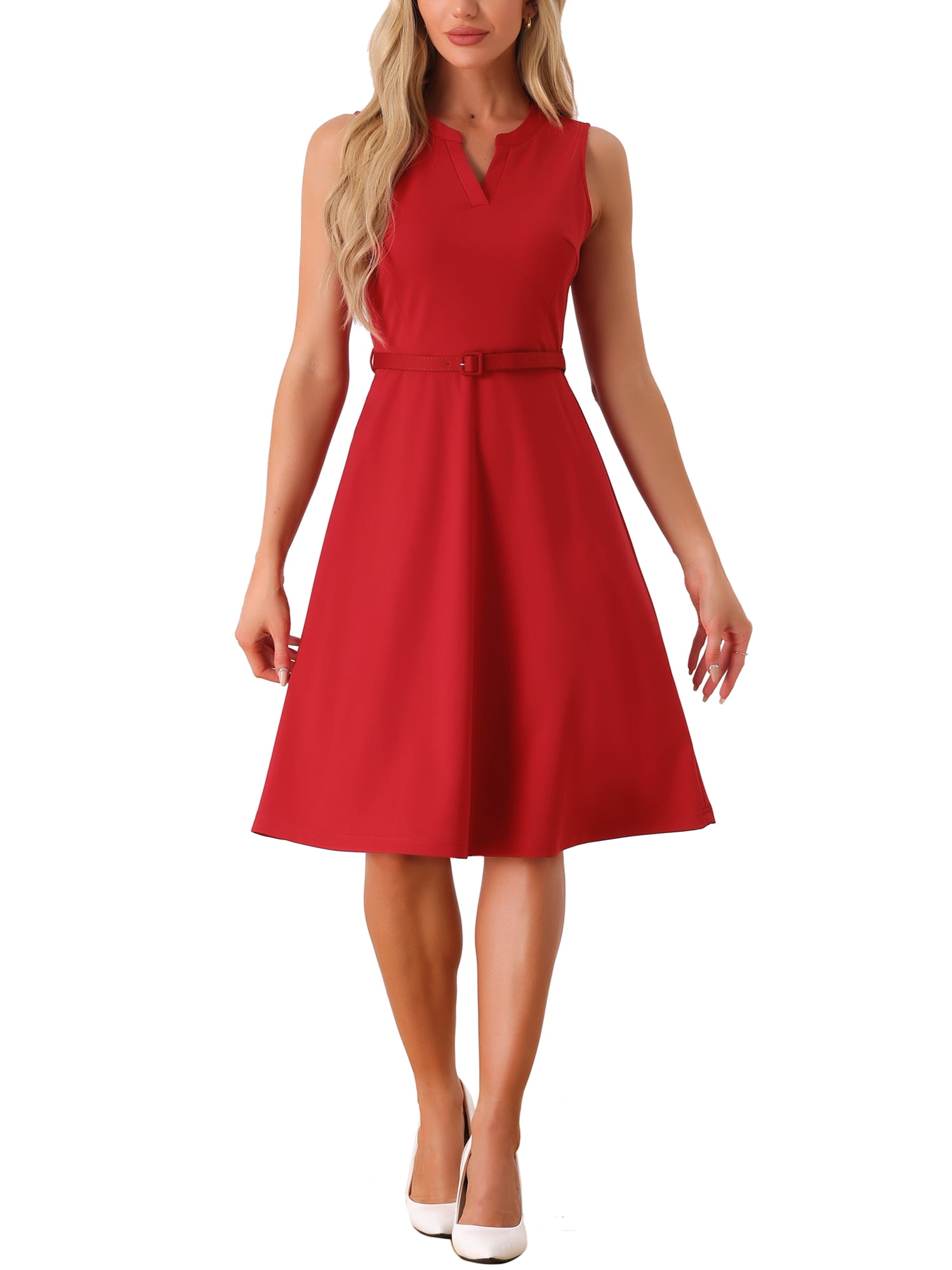 INSPIRE CHIC Work Office Dress for Women's Belted V Neck Sleeveless ...