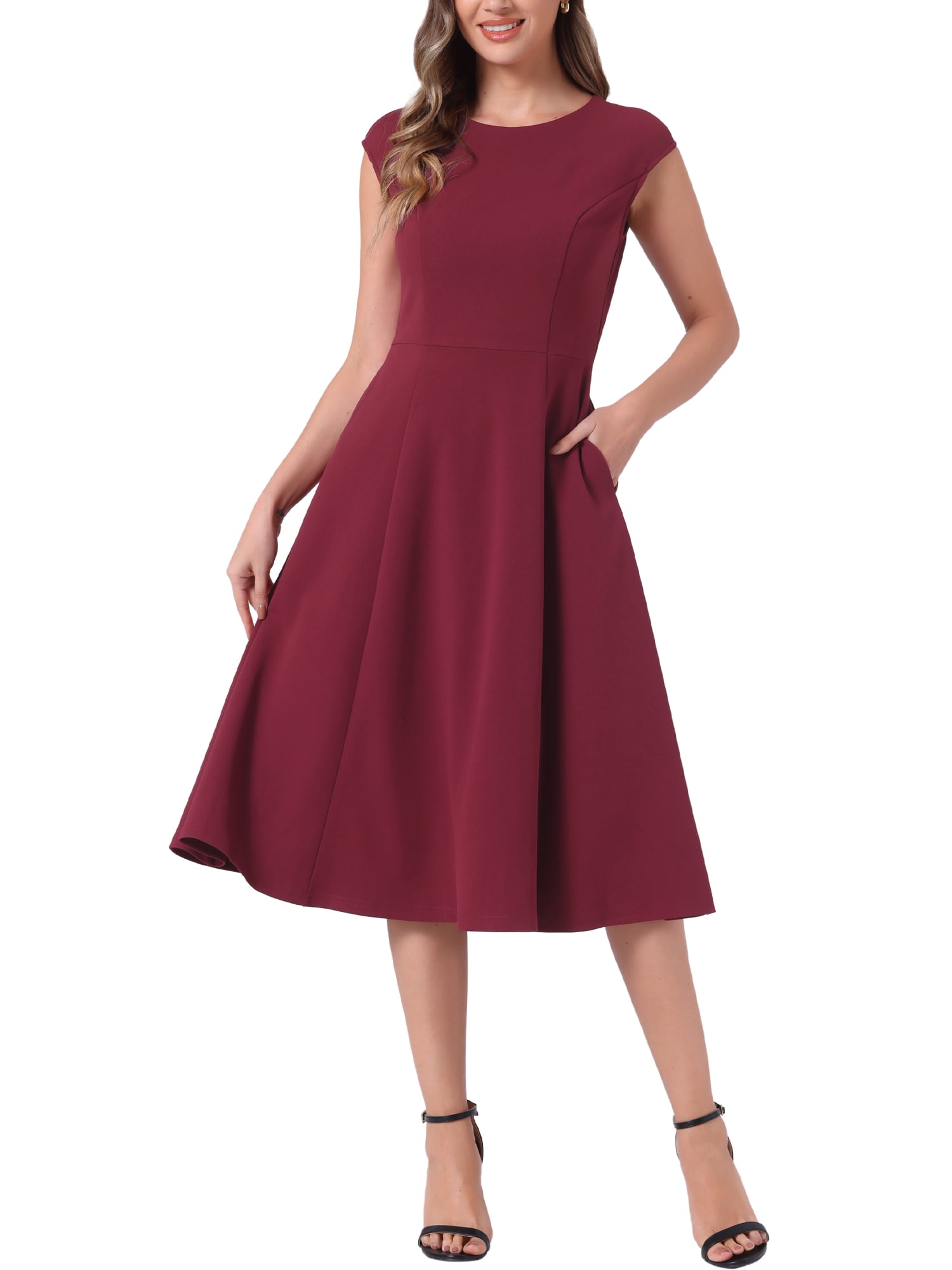 INSPIRE CHIC Women's Work Dress Cap Sleeve Elegant Cinched Waist A Line ...