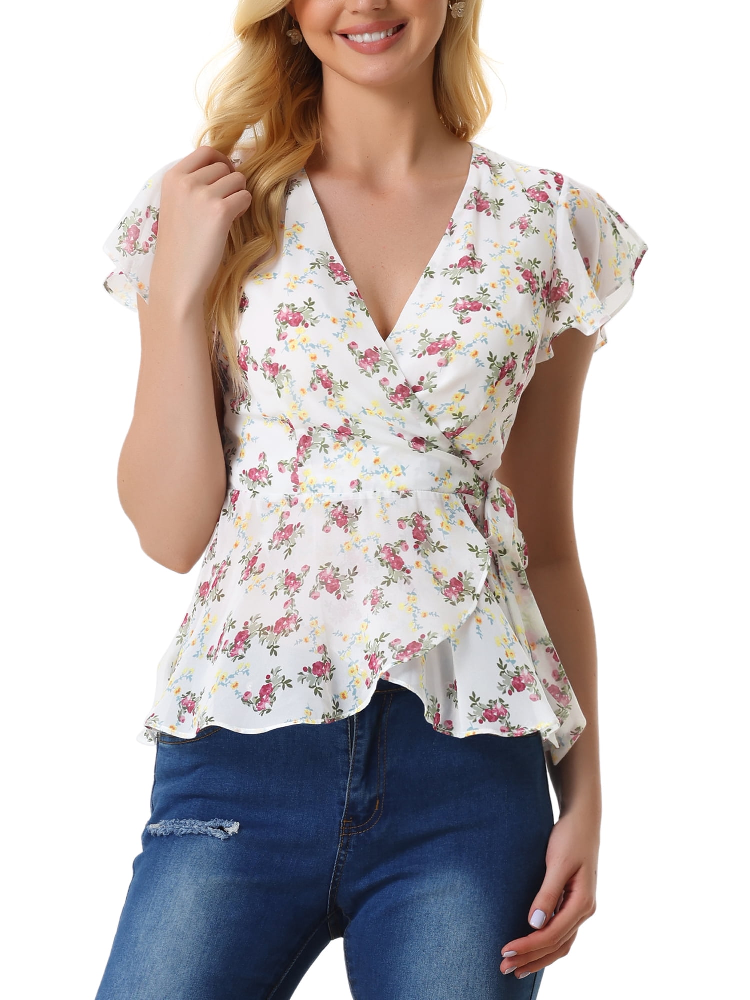 INSPIRE CHIC Inspired Women's Wrap Tops Floral Print V Neck Short ...