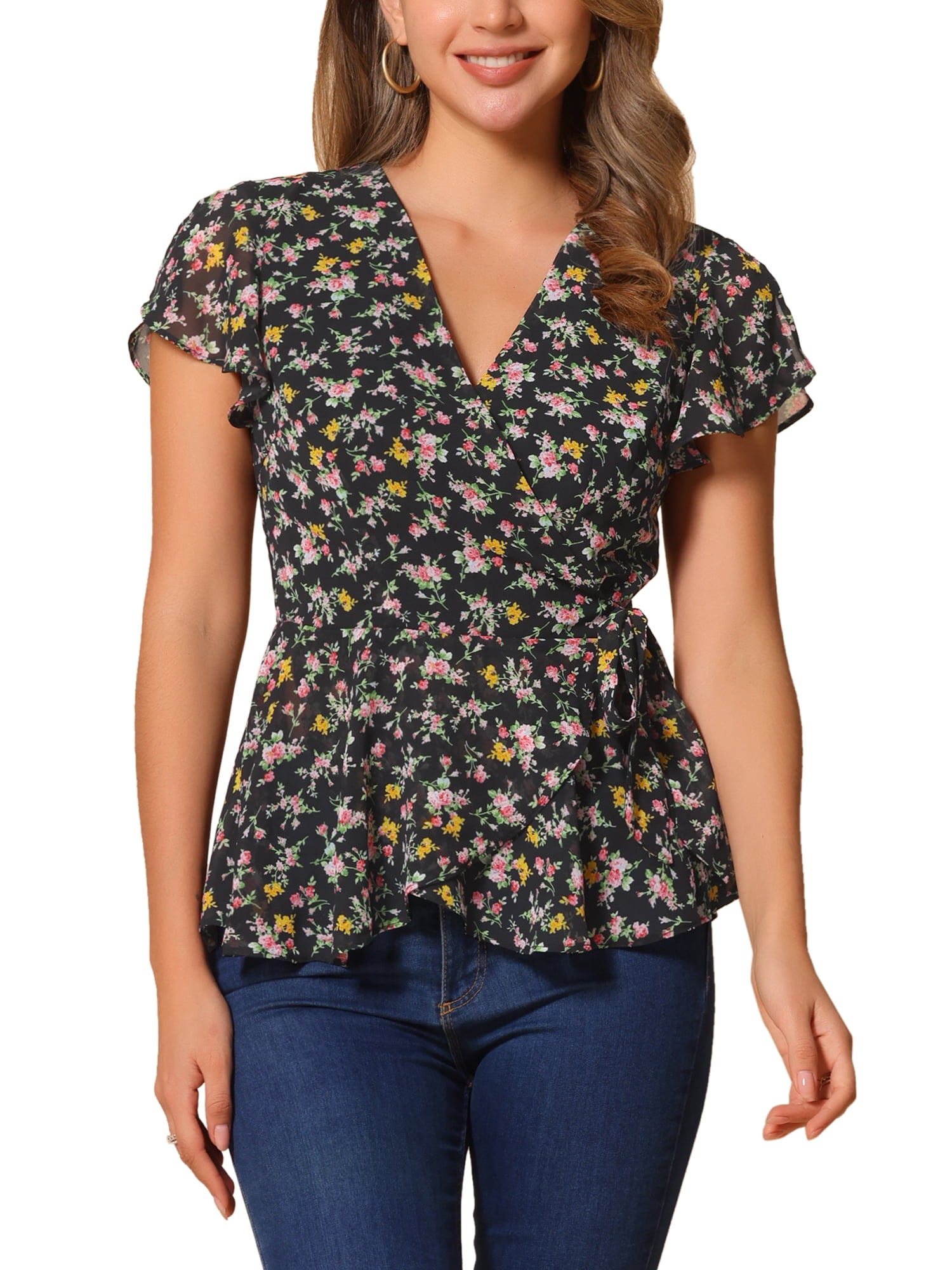 INSPIRE CHIC Women's Wrap Tops Floral Print V Neck Short Sleeve Tie ...