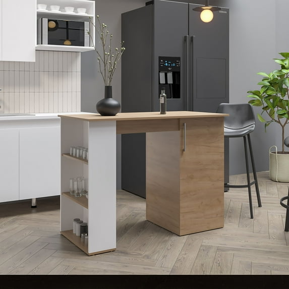 Allen 47" White & Natural Oak Kitchen Island with Cabinet & 5 Shelves: Bar, Dining, Pub Table ...