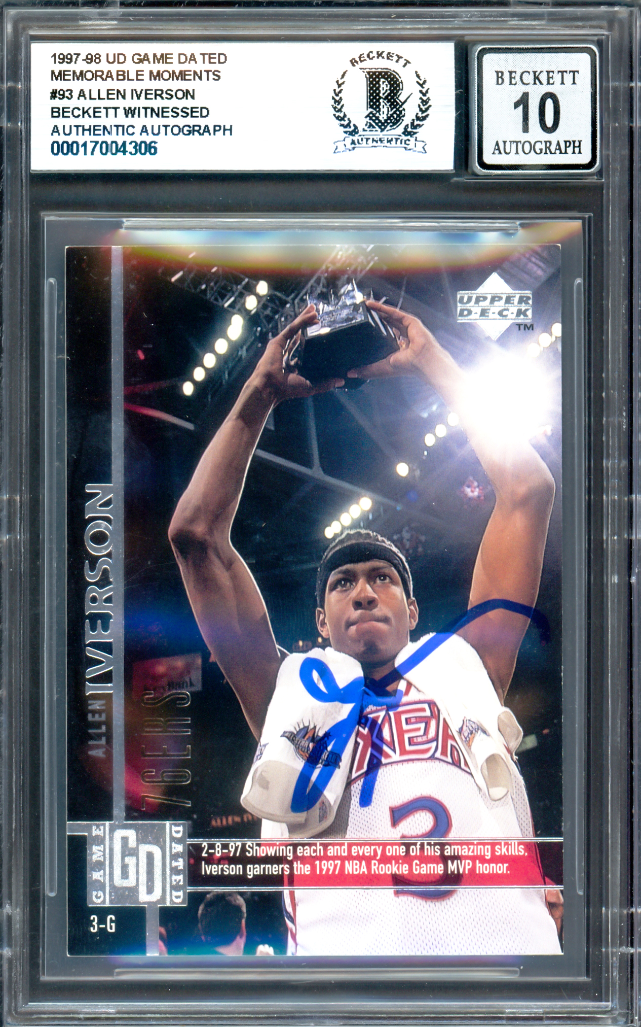 Allen Iverson Autographed 1997-98 UD Game Dated Memorable Moments Card ...