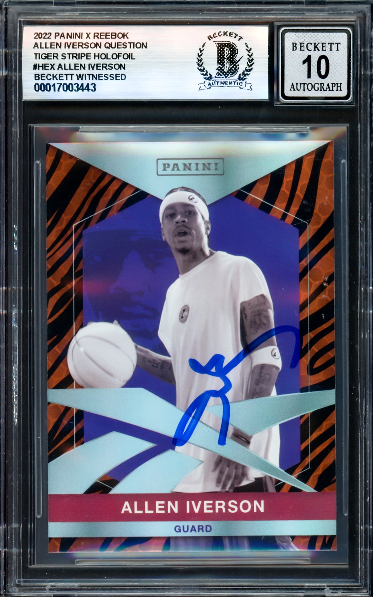 Allen Iverson Autographed 2022 Panini X Reebok Tiger Stripe Holofoil Card #HEX Philadelphia ...