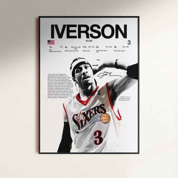 Allen Iverson Philadelphia 76ers Poster with Clean Modern NBA Stats ...