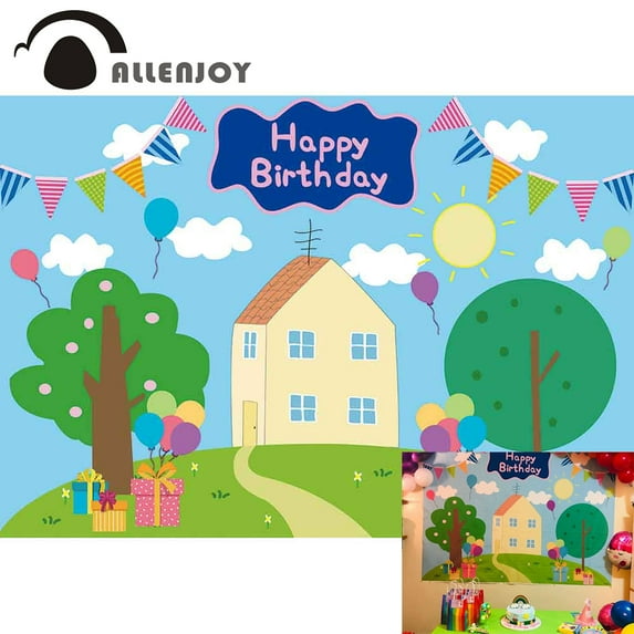 Allenjoy Cartoon Pig Birthday Party Background Blue Sky Tree Balloon ...