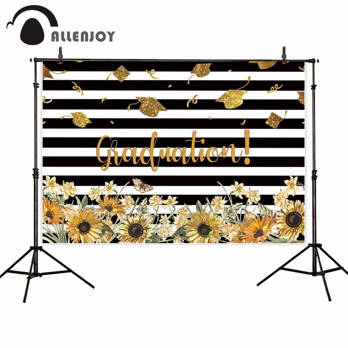 Allenjoy Graduation Backdrop Sunflower Stripes Bachelor Cap Butterfly ...