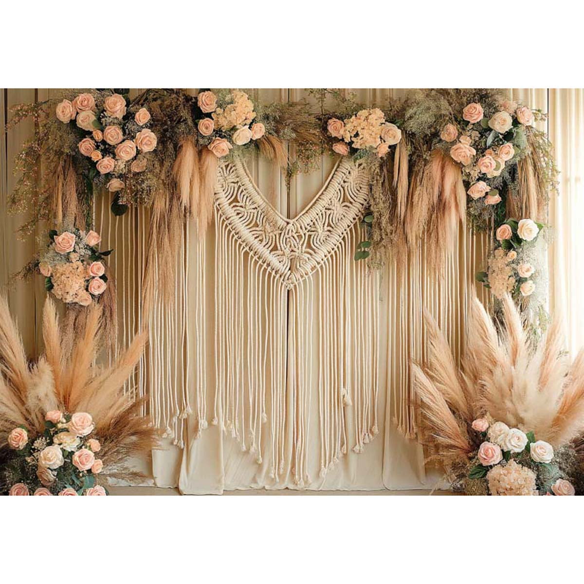 Allenjoy Macrame Backdrop With Boho Pampas Grass and Pink Roses ...