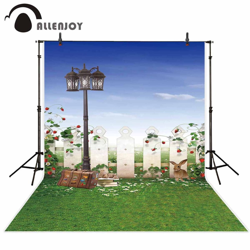 Allenjoy Spring photo background green meadow wood fence garden rabbit ...