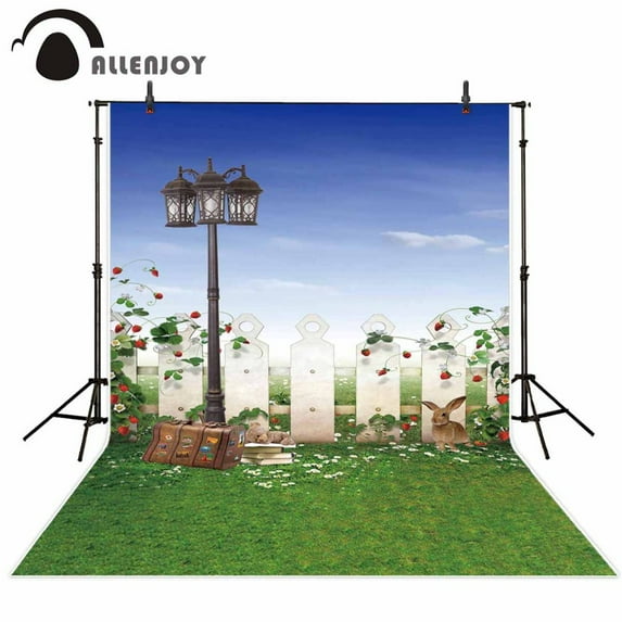 Allenjoy Spring photo background green meadow wood fence garden rabbit ...