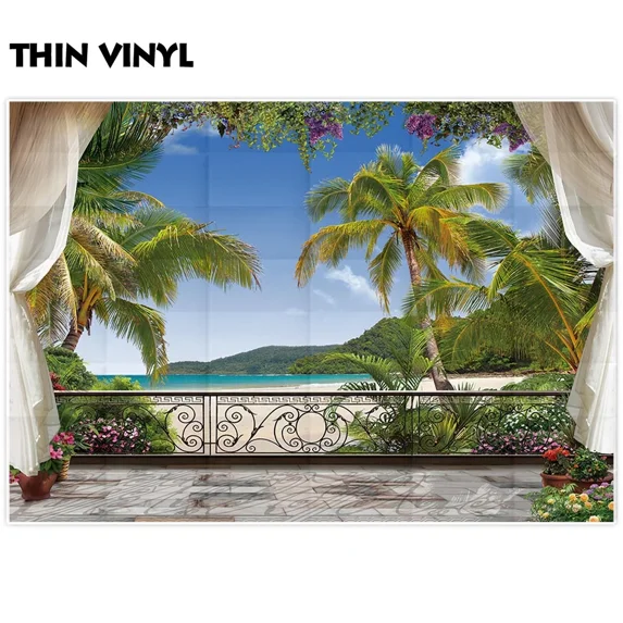 Allenjoy Summer Window Beach Sea Holiday Background Photography Tree ...