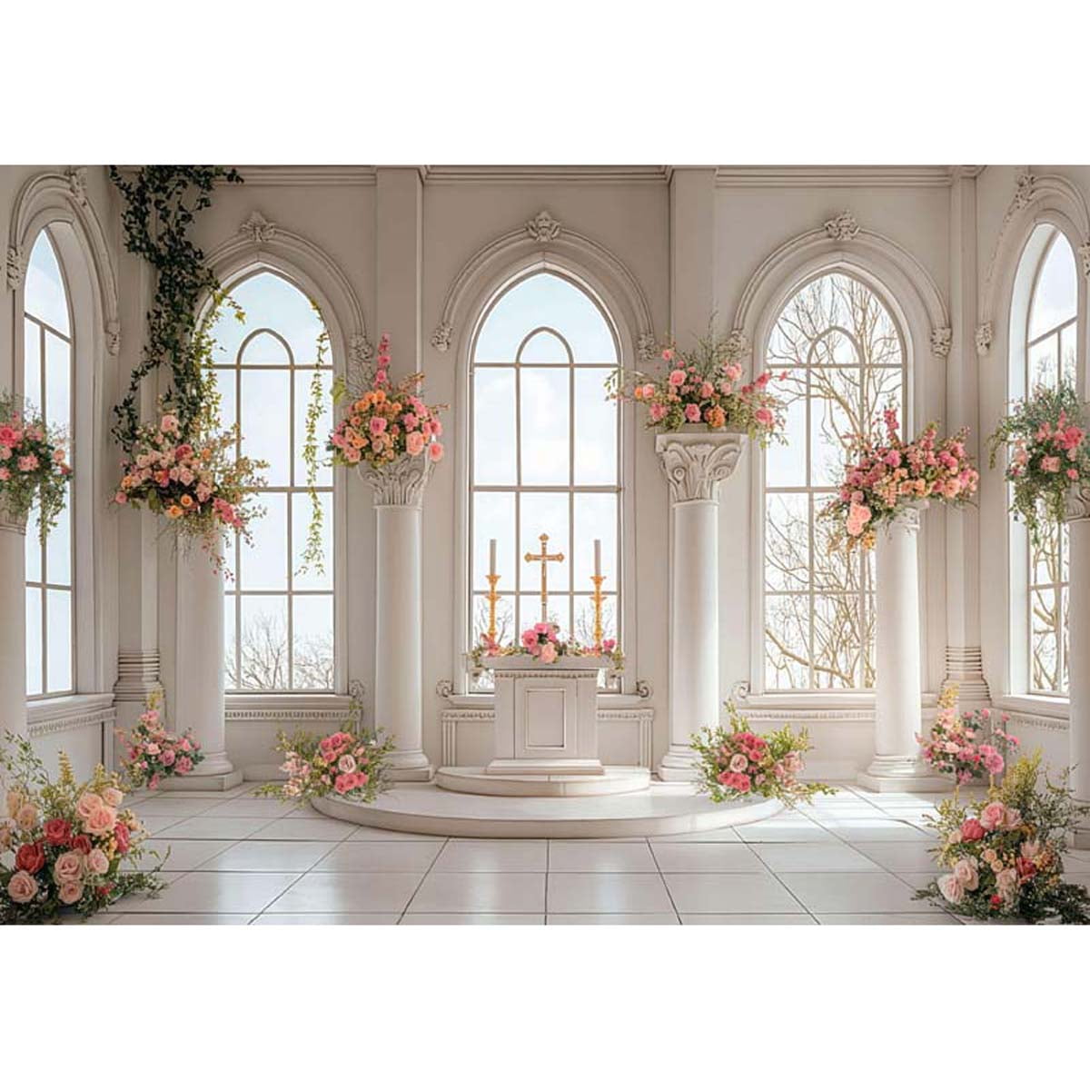 Allenjoy White Church with Arched Windows Backdrop - Walmart.com