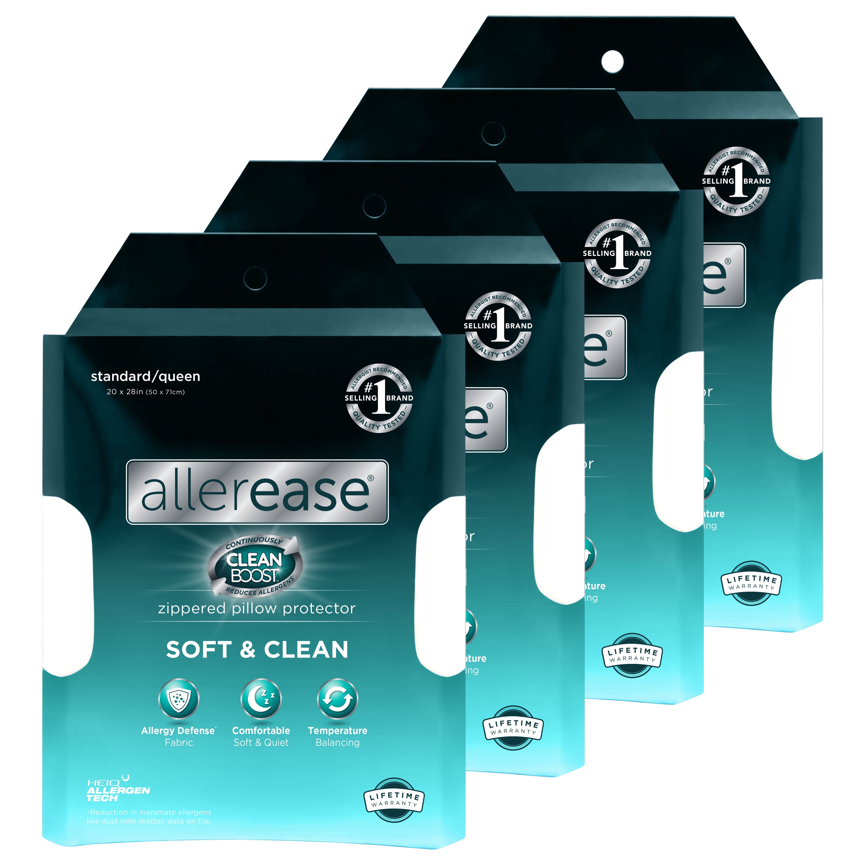 AllerEase CleanBoost Soft & Clean Pillow Cover Protector, Standard/Queen - Zippered (4 Count ...