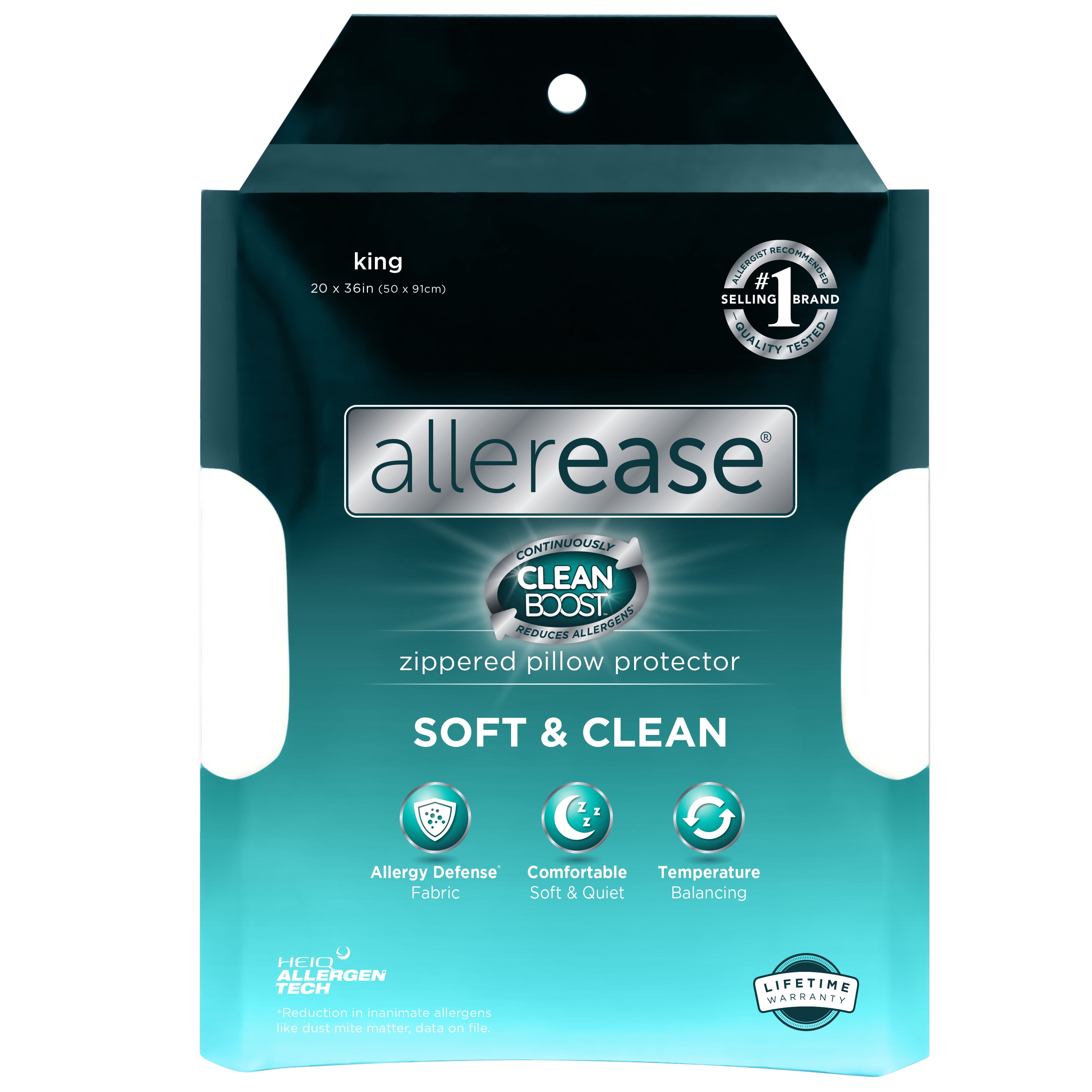 AllerEase CleanBoost Soft & Clean Bed Pillow Cover Protector, King - Zippered, Allergy Defense ...