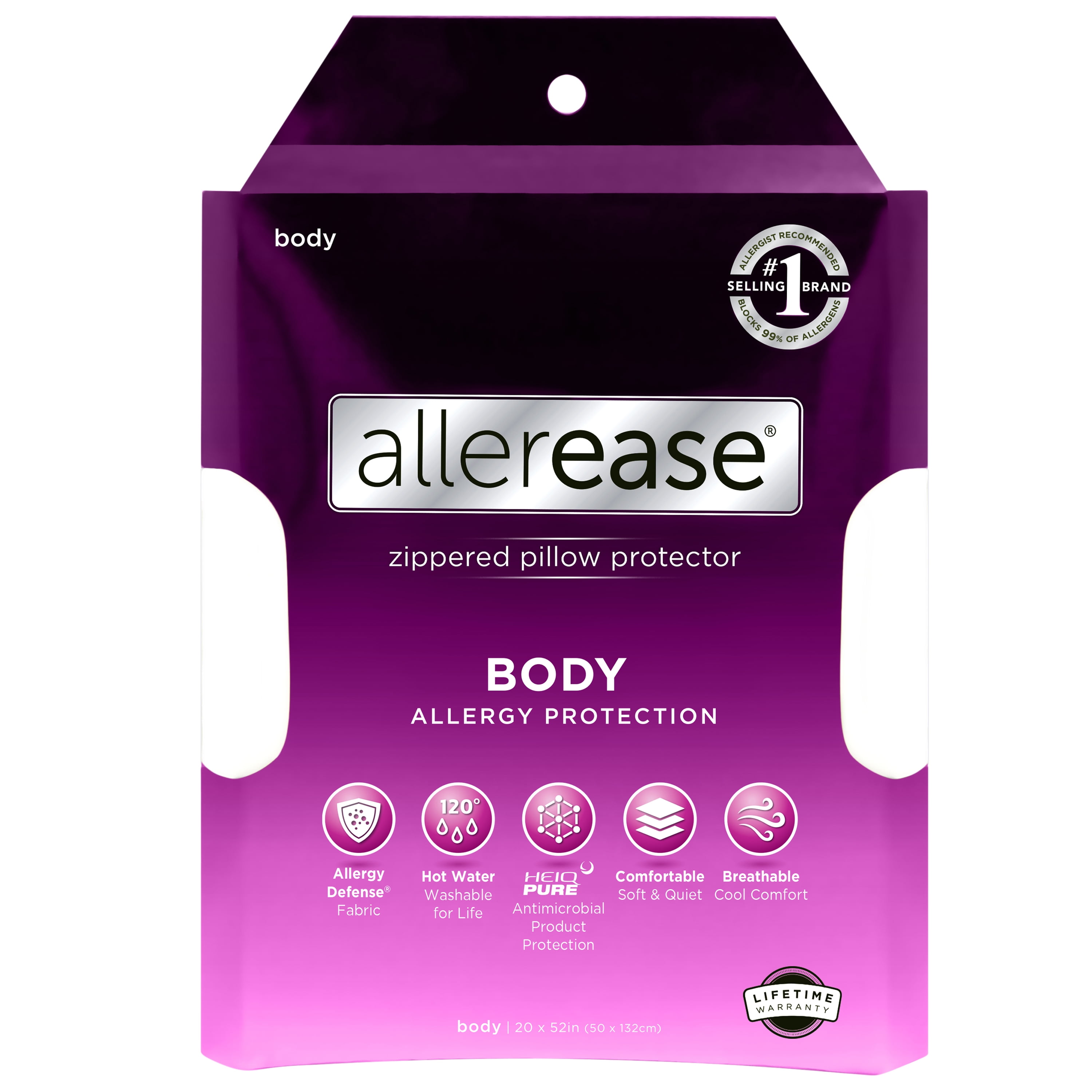 AllerEase Ultra Soft Allergy Body Pillow Cover Protector 20”x52” White- 4 Pack, Zippered ...