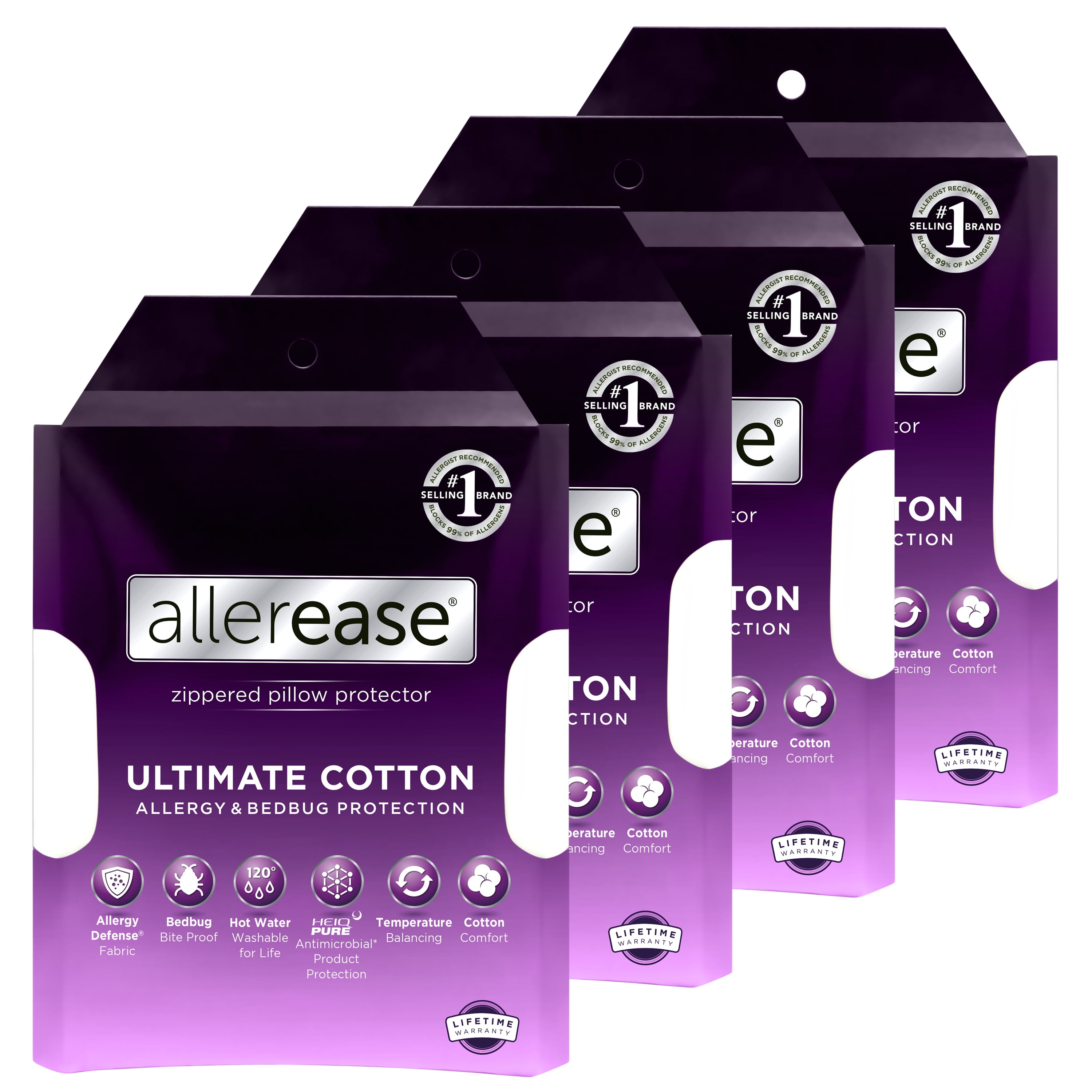 AllerEase Ultimate Cotton Pillow Cover Protector, King- Zippered, Temperature Balancing (4 Count ...