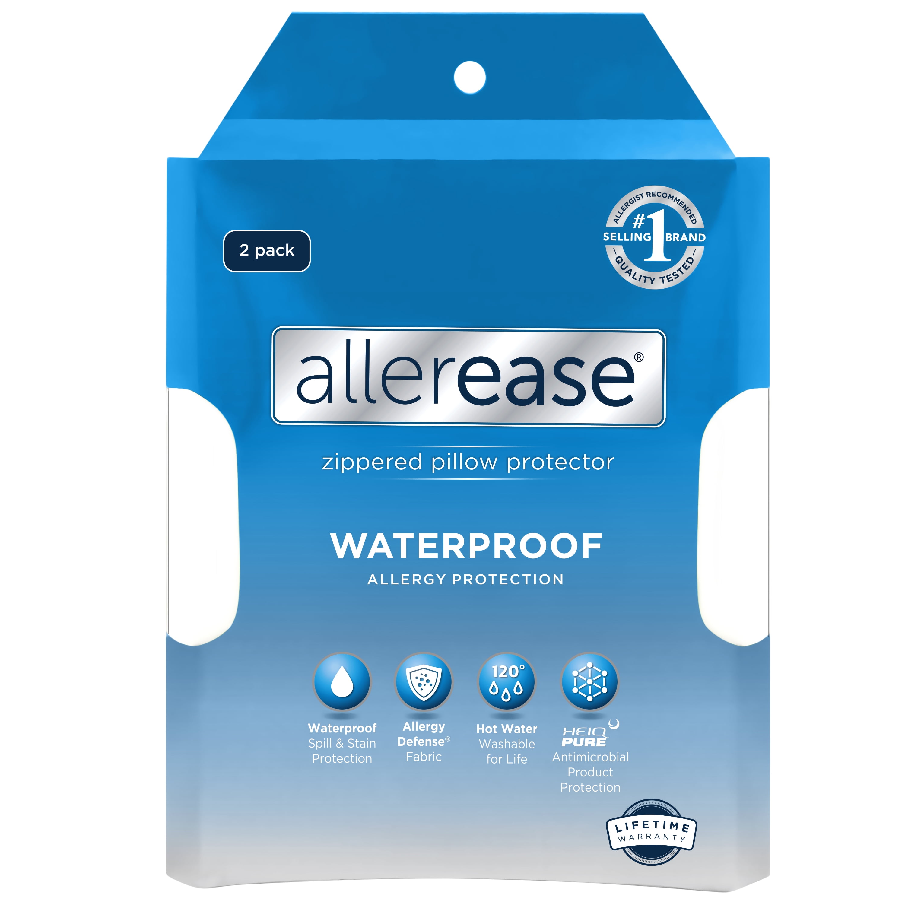 AllerEase Waterproof Pillow Cover Protector S/Q White- Allergy Defense Fabric Zippered 2-Pack ...