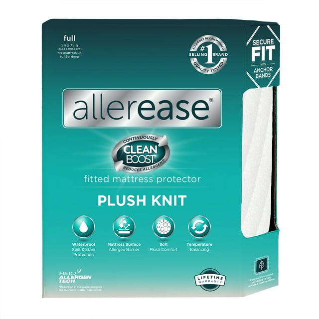 AllerEase CleanBoost Plush-Knit Mattress Cover Protector, Full, White- Fitted, Waterproof ...