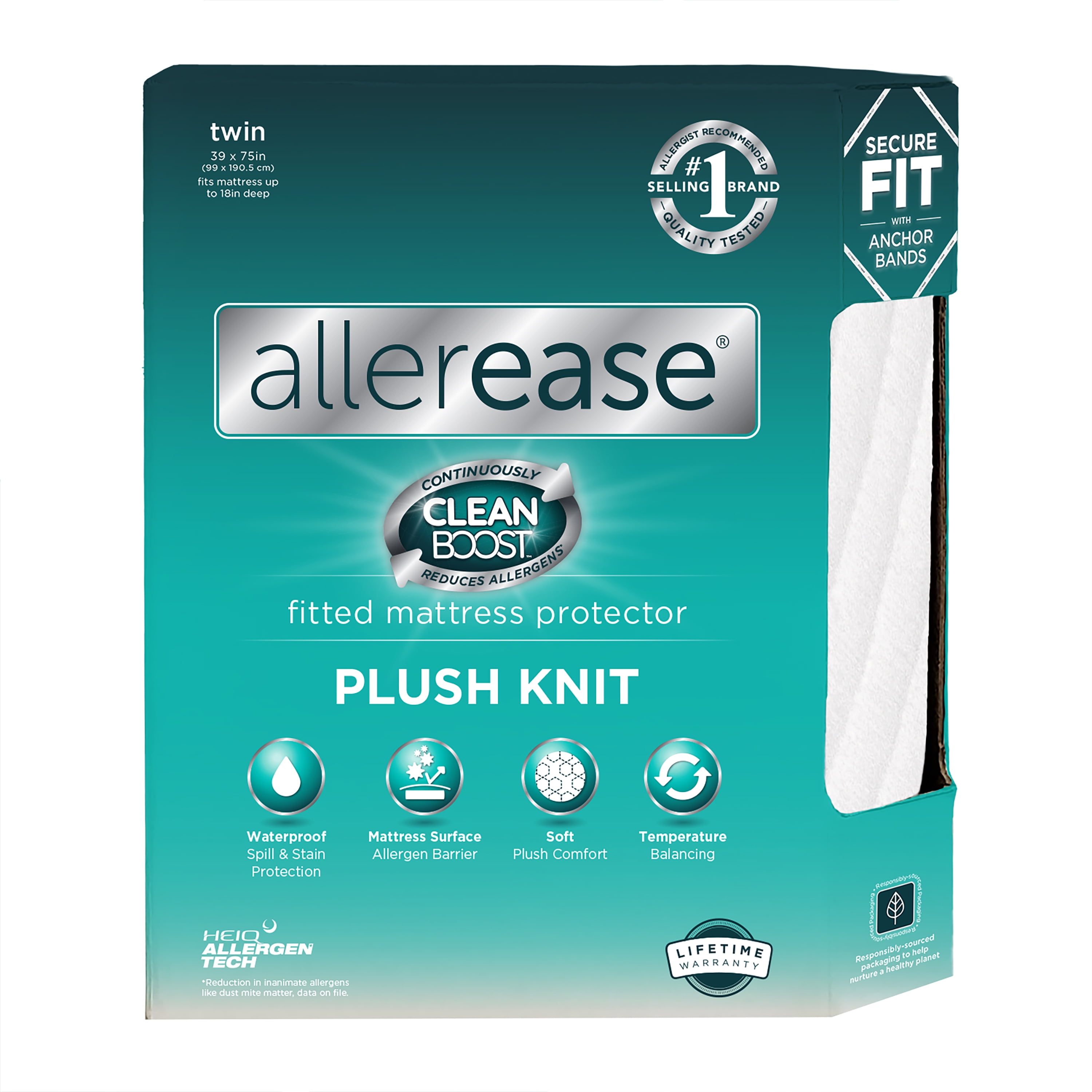 AllerEase CleanBoost Plush Knit Mattress Cover Protector, Twin - Fitted, w/ Straps, Waterproof ...