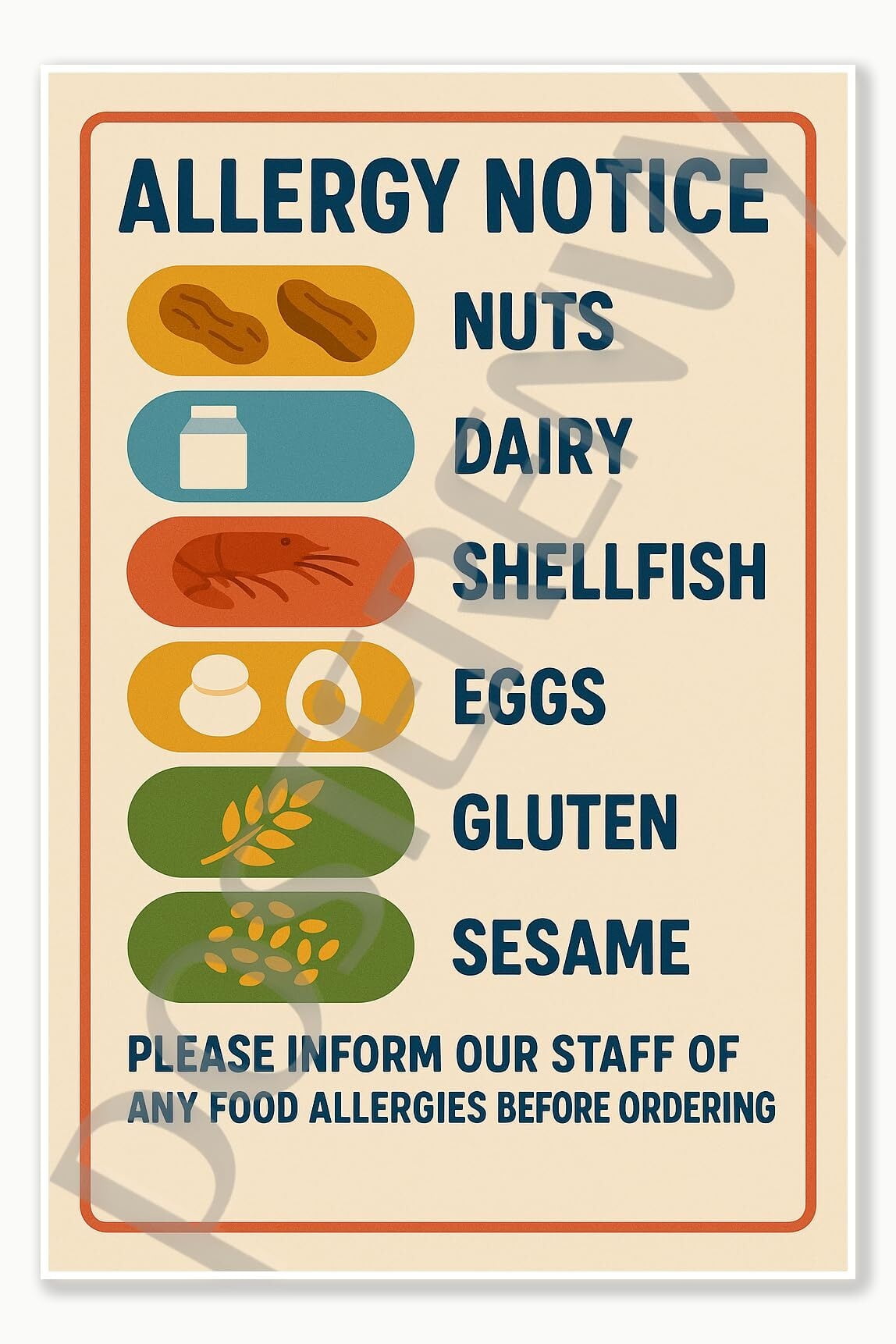 Allergy Notice Allergen English Restaurant Kitchen Workplace Food ...