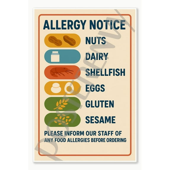 Allergy Notice Allergen English Restaurant Kitchen Workplace Food ...