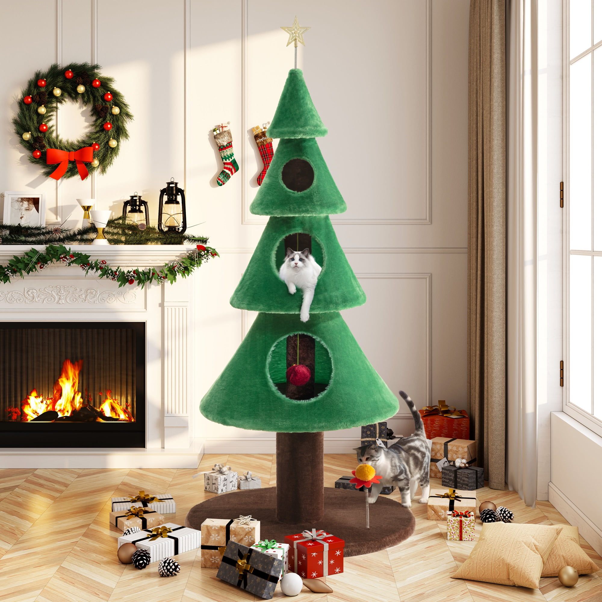 Allewie 63" Cat Tree Christmas Tower Condo for Cats with toys, Green ...