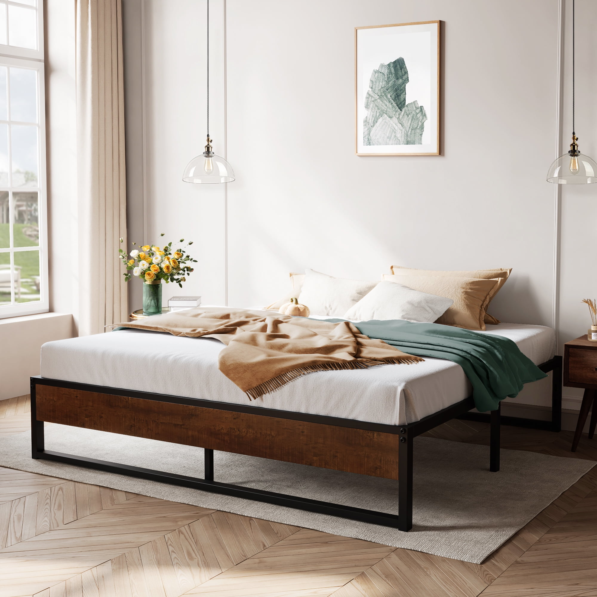 Allewie King Size Bed Frame, Black Metal Platform with Storage, No Box ...