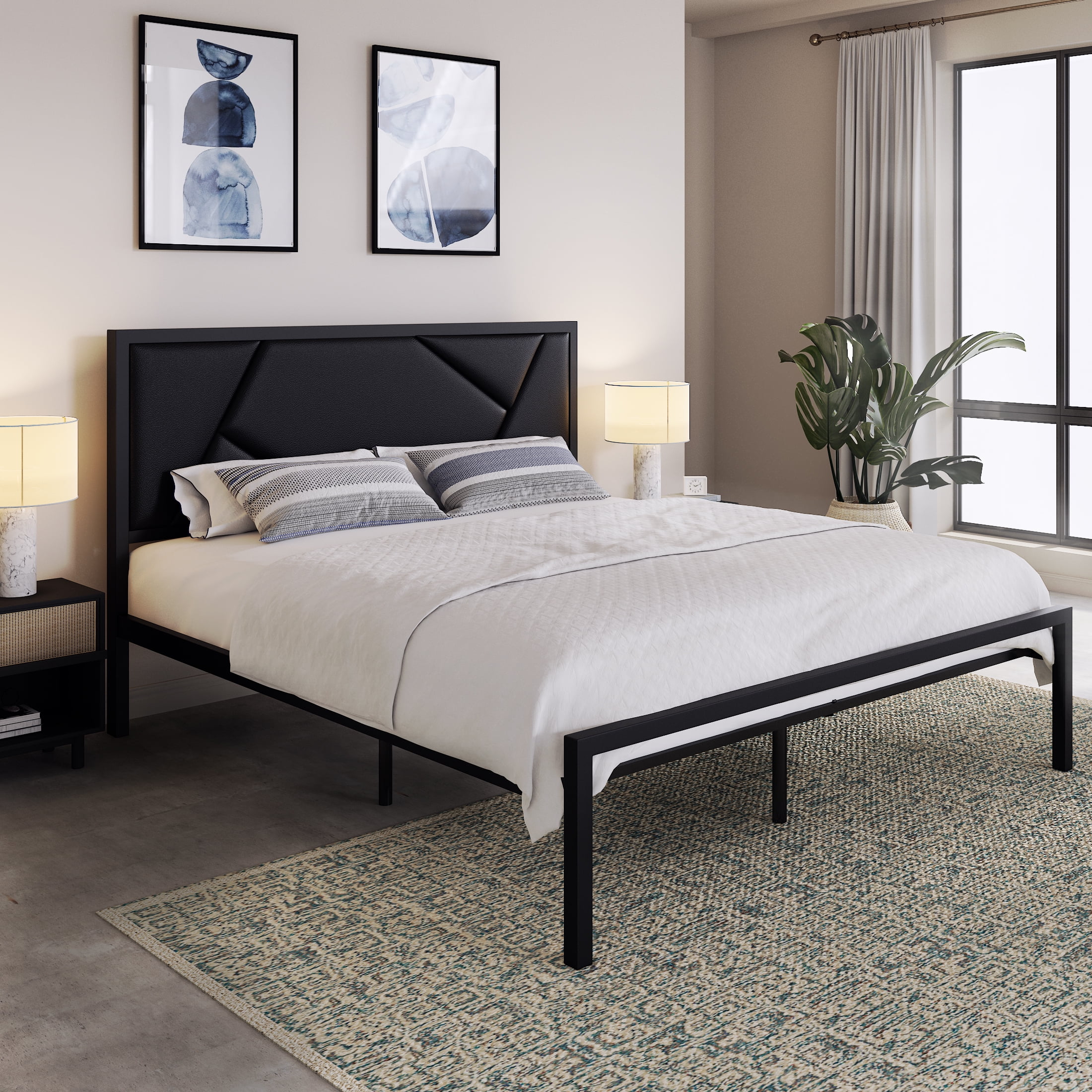 Allewie Modern Black Full Size Metal Bed Frame with Geometric Litchi Grain Leather Headboard 12 Underbed Storage Space